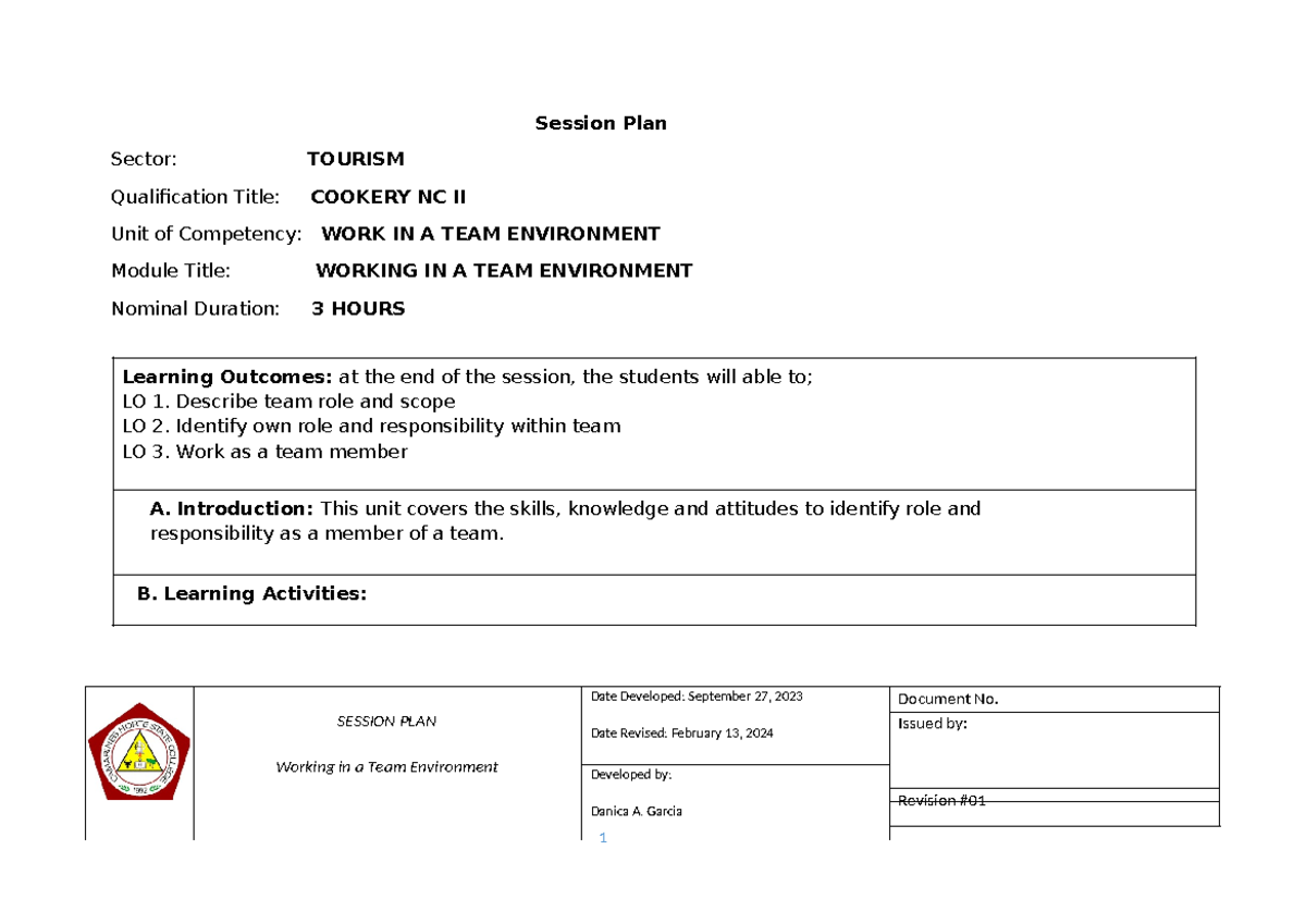 Session Plan LO1: Team Collaboration in COOKERY NC II Course - Studocu