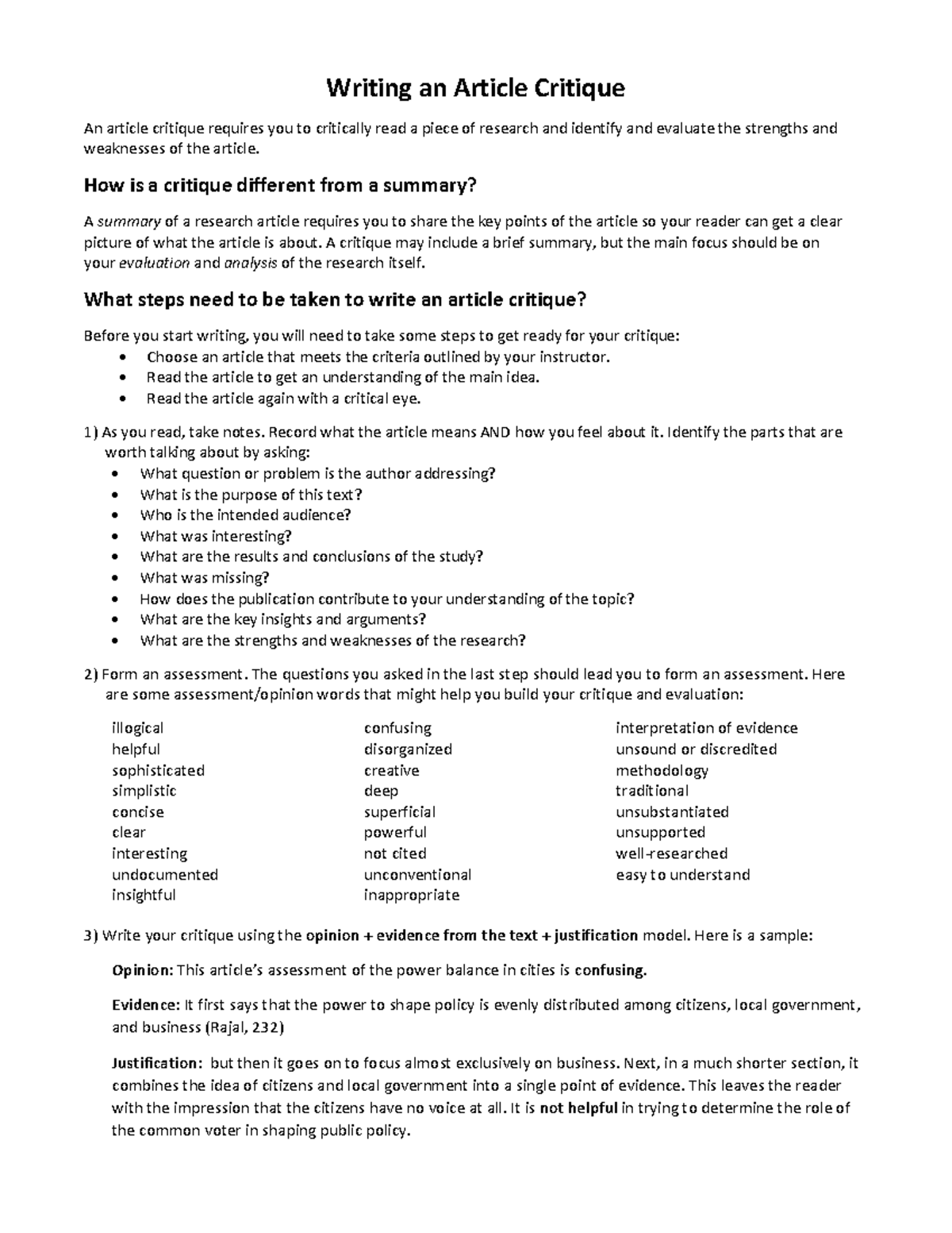 How to Write an Article Critique - Writing an Article Critique An ...