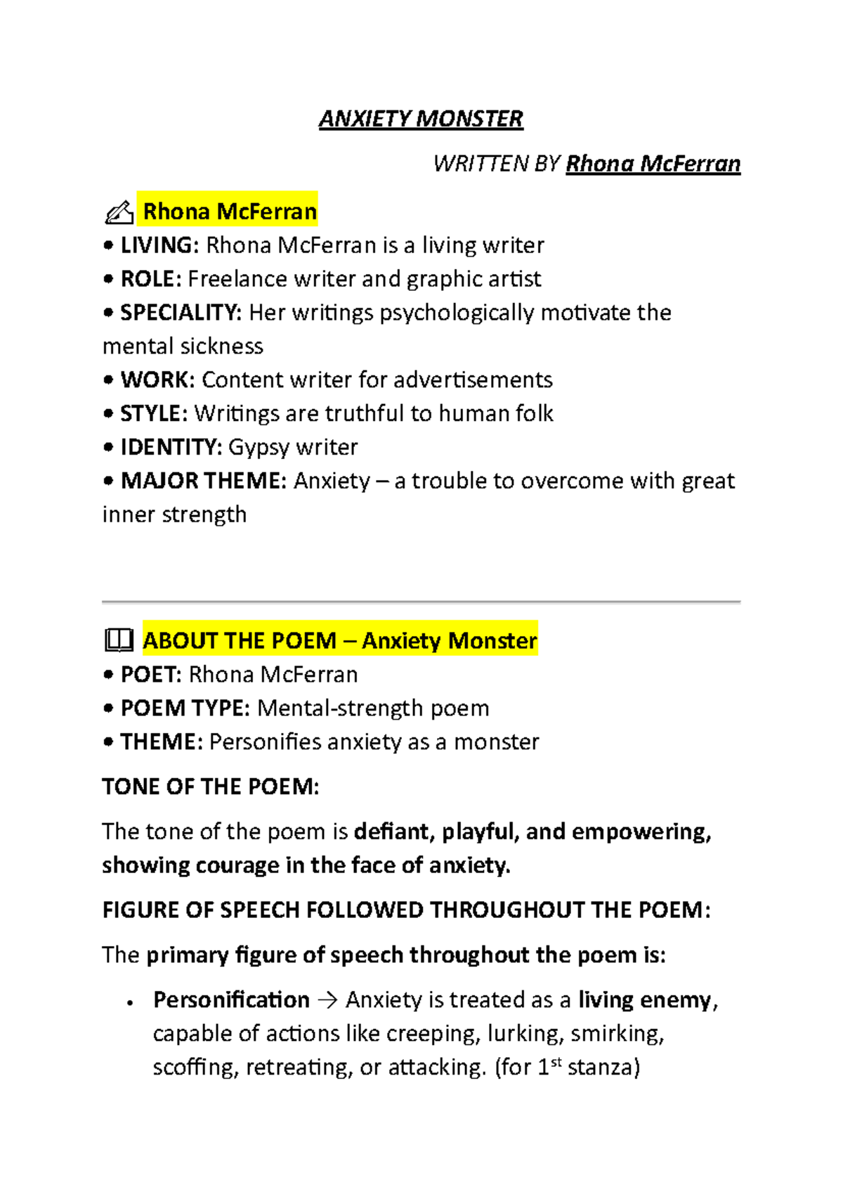 Anxiety Monster: A Poetic Exploration of Fear and Resilience - Studocu