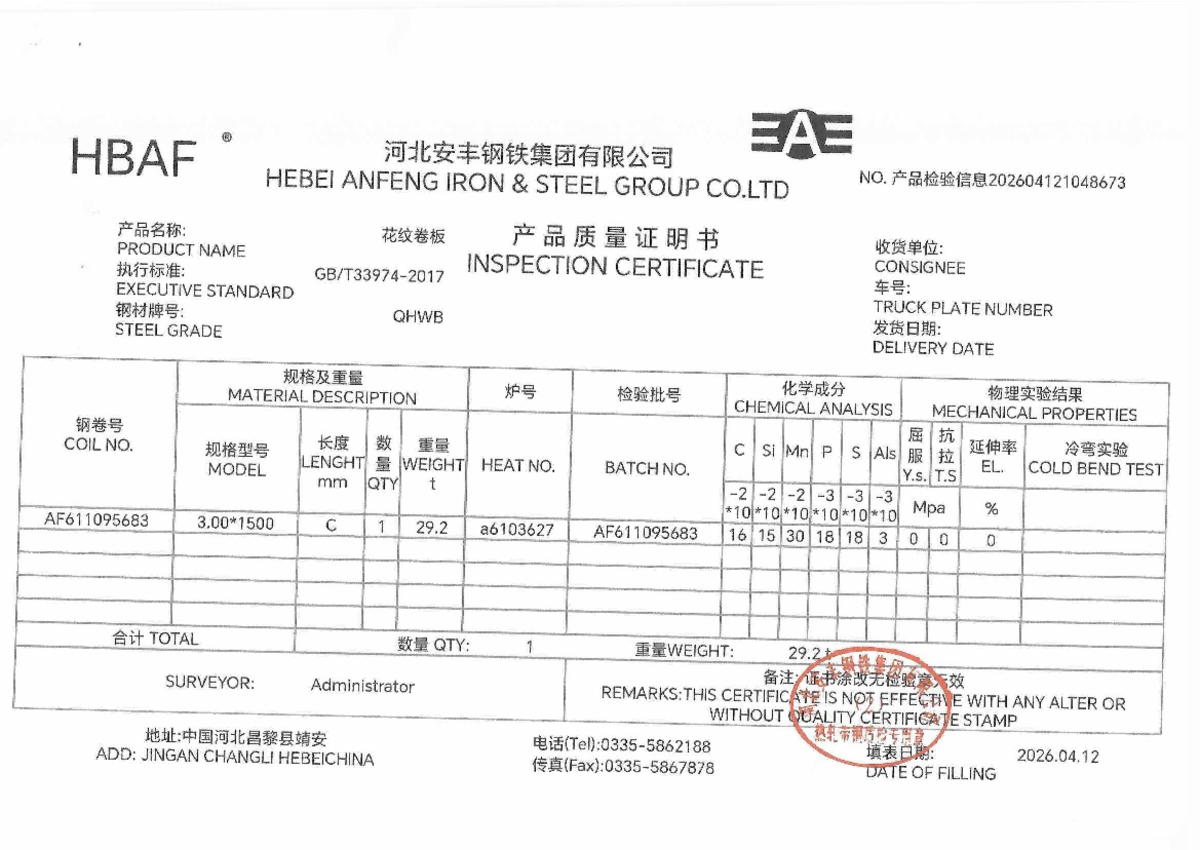3AE MTC-12 Inspection Certificate for Hebei Anfeng Steel - Studocu