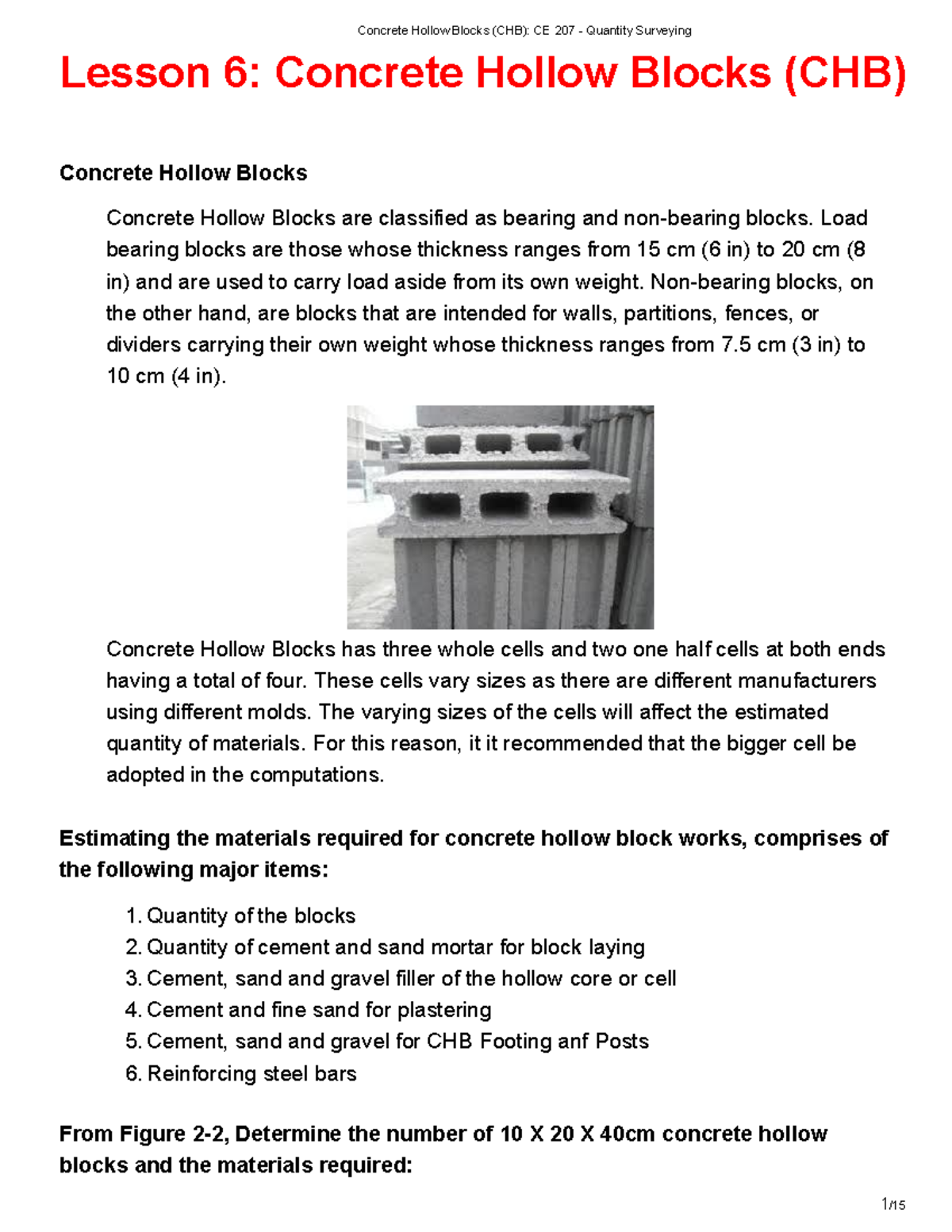 CE 207 Lesson 6: Estimating Concrete Hollow Blocks (CHB) - Studocu