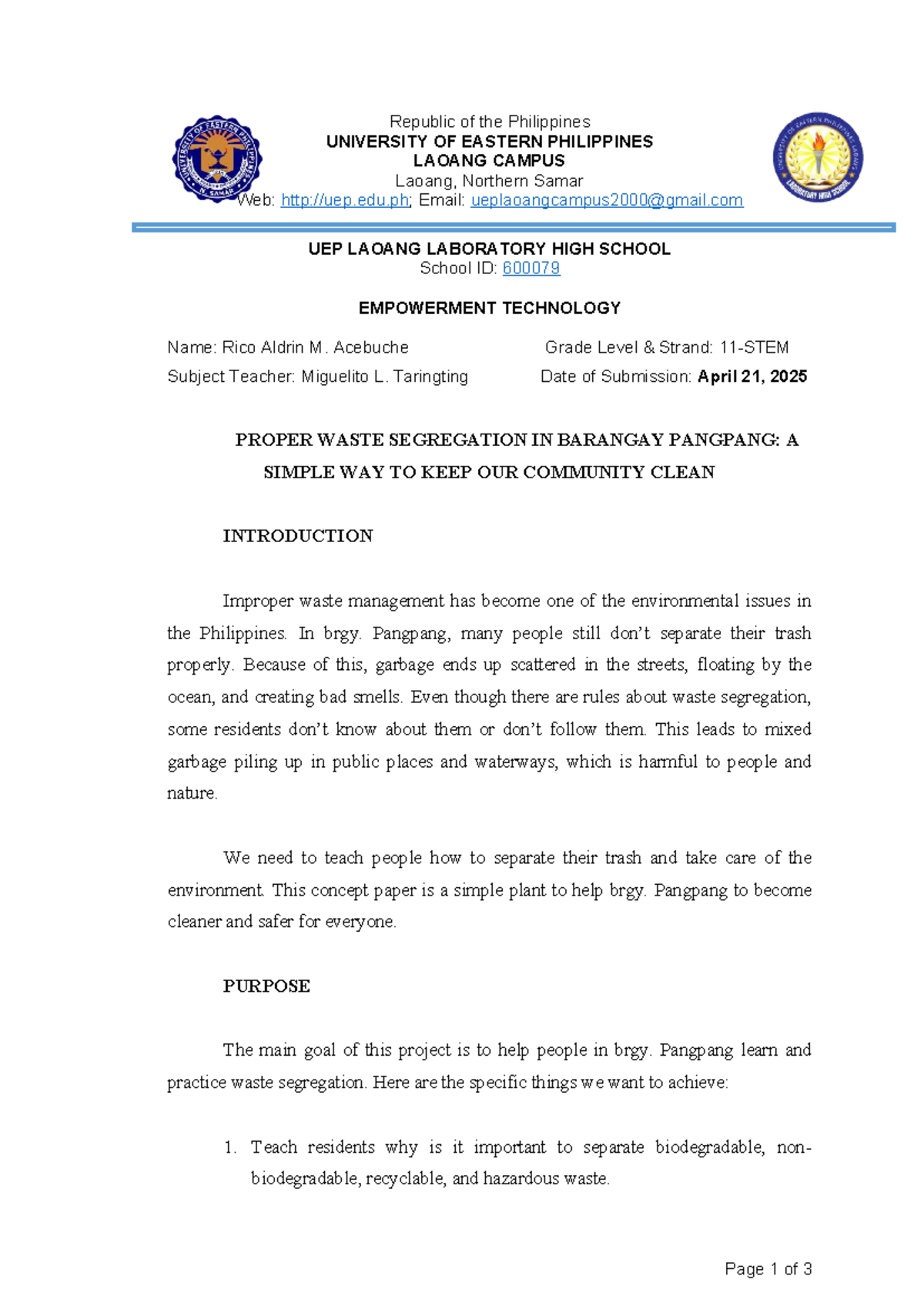 E-Tech Concept Paper: Proper Waste Segregation in Brgy. Pangpang - Studocu