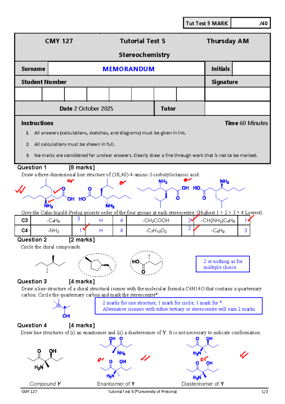 CMY 127 Tutorial Test 5 Memorandum - Stereochemistry Insights - Studocu