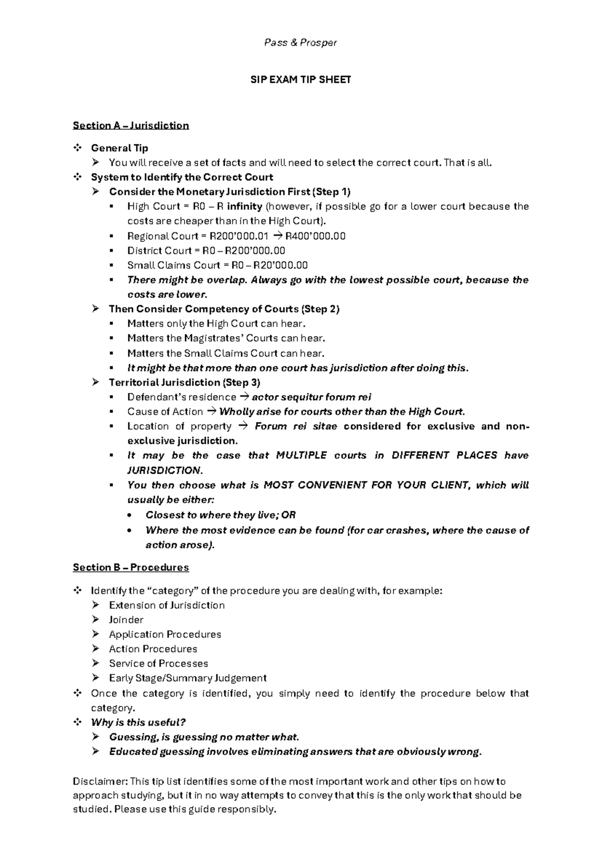 SIP EXAM TIP SHEET: Jurisdiction & Procedures Guide for Success - Studocu