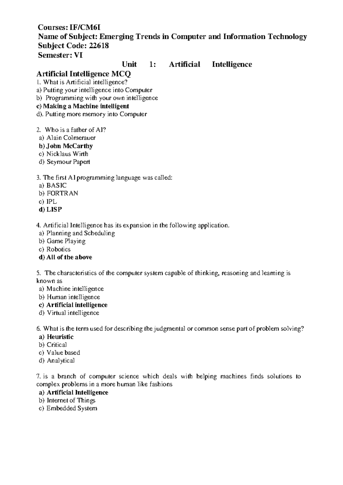 Emerging Trends in Computer & IT (22618) - AI MCQs for Semester VI ...