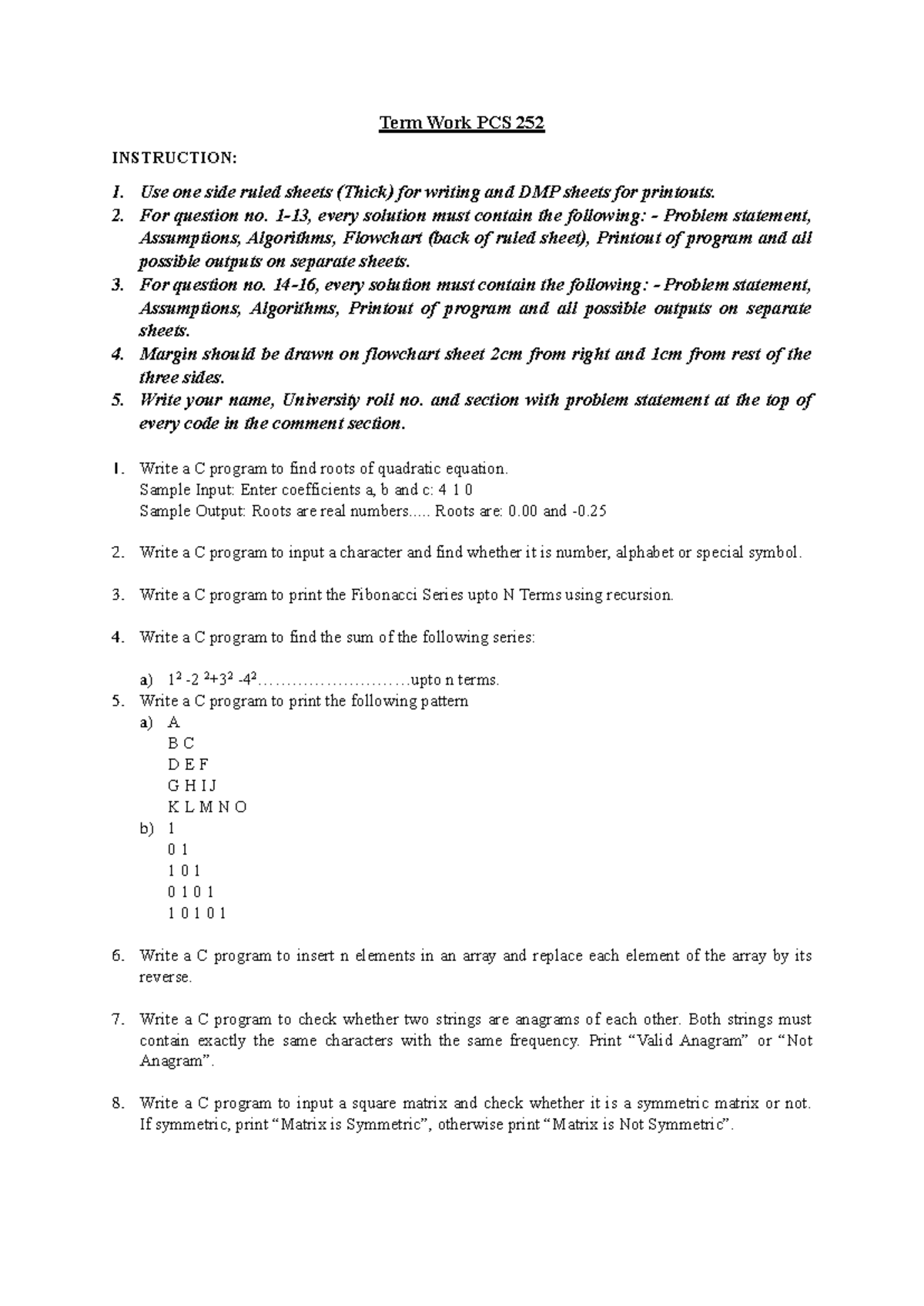 C Term Work PCS 252: Programming Assignments and Guidelines - Studocu