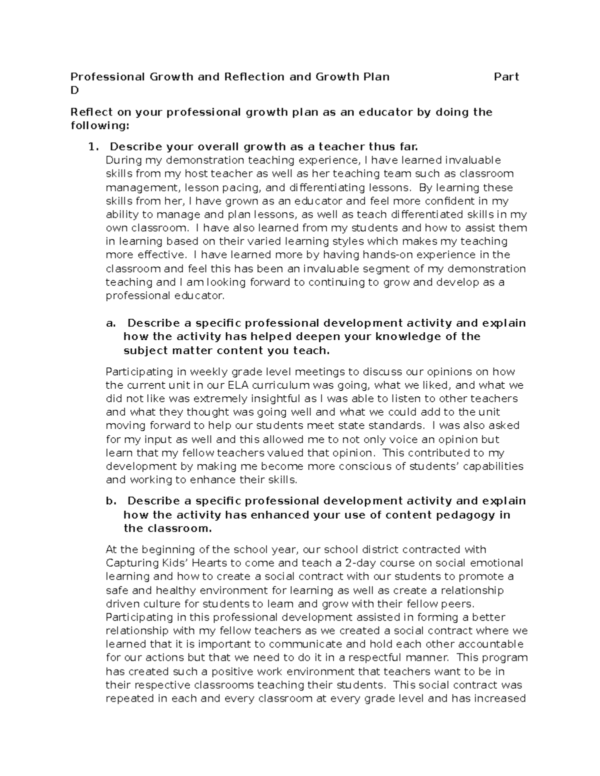 Professional Growth Reflection & Growth Plan Part D - Educator ...