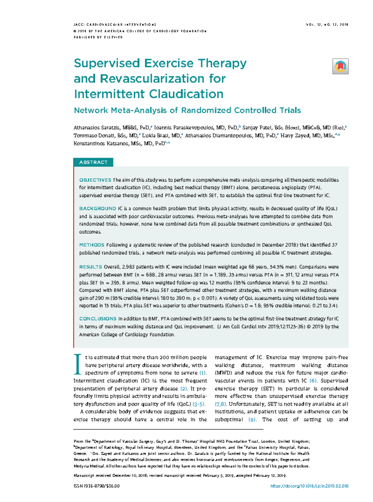 Supervised Exercise Therapy vs. Revascularization for IC: JACC 2019 ...