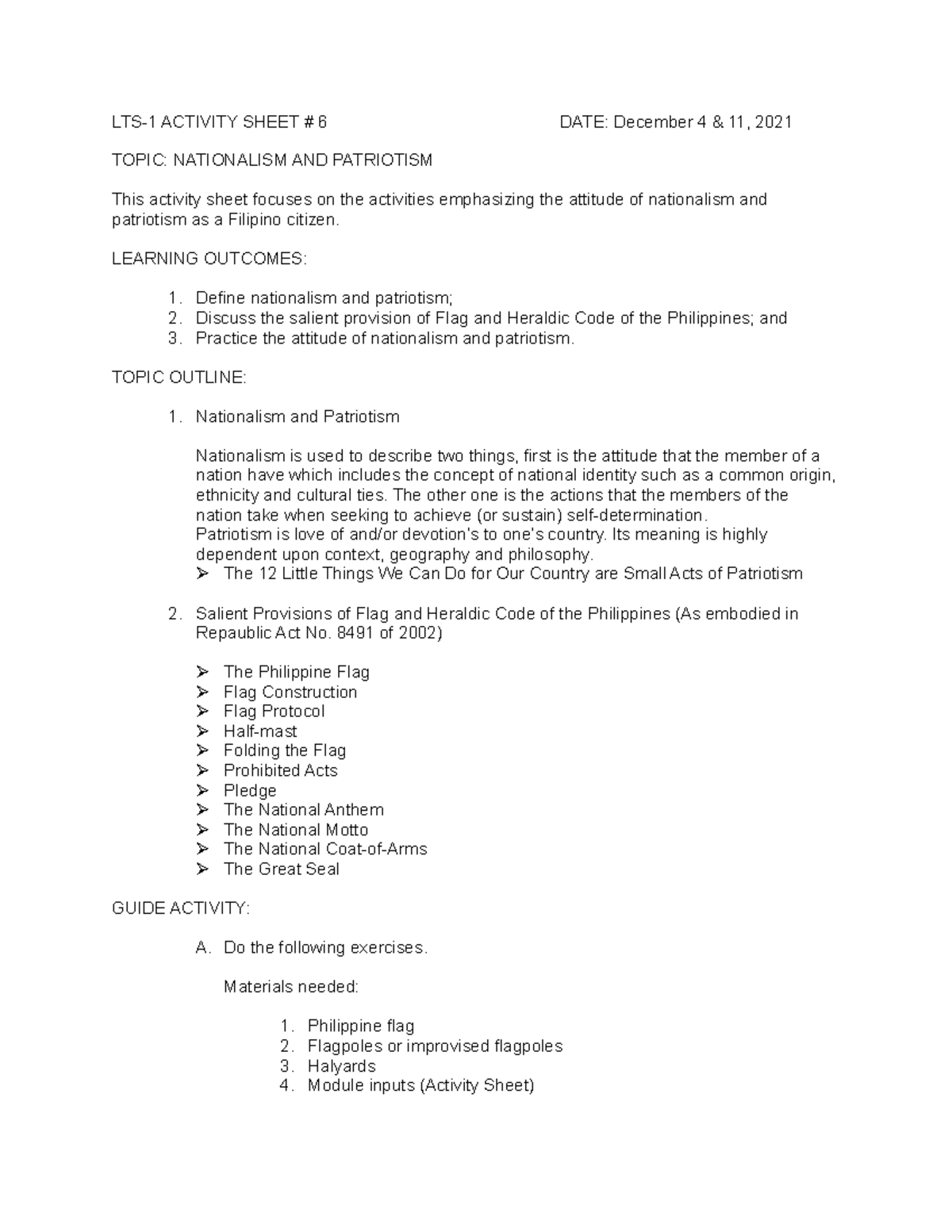 LTS Activity Sheet 6 - LTS - LTS-1 ACTIVITY SHEET # 6 DATE: December 4 ...