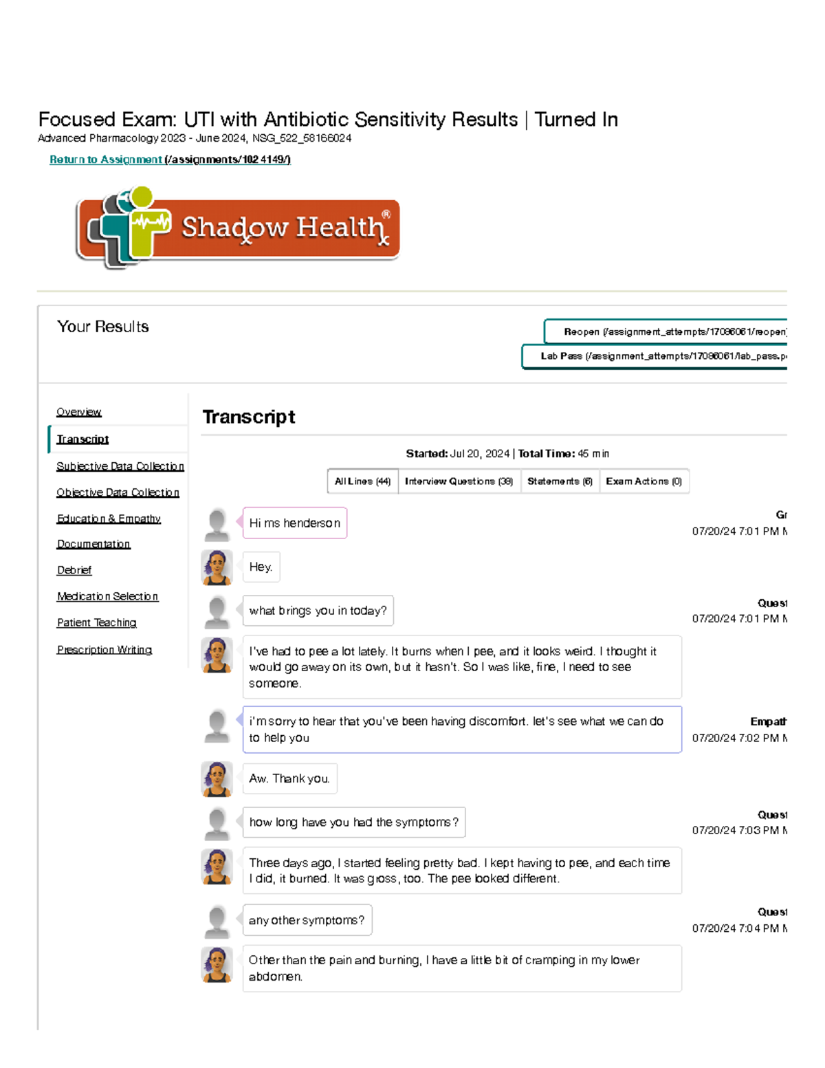 NSG_522_ Focused Exam: UTI Management with Antibiotic Sensitivity ...