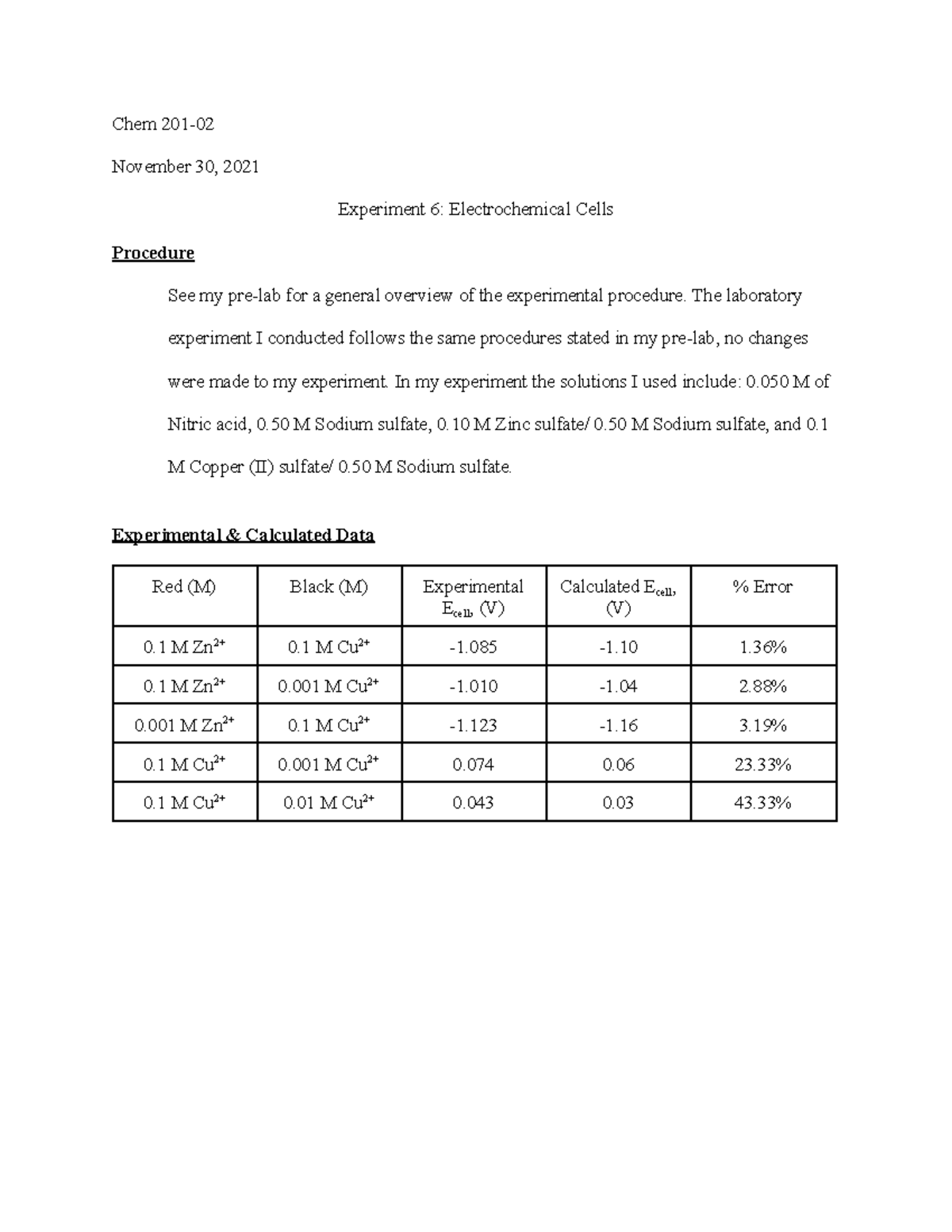 Chem 201 Experiment 6: Analysis of Electrochemical Cells Results - Studocu