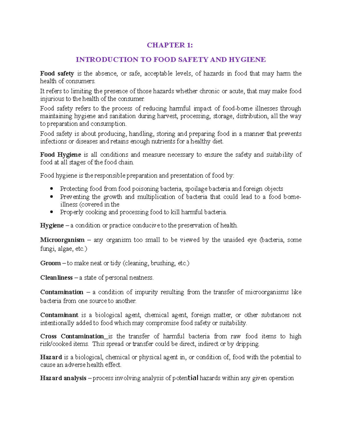 Introduction to Food Safety and Hygiene (Course Code: FS 101) - Studocu