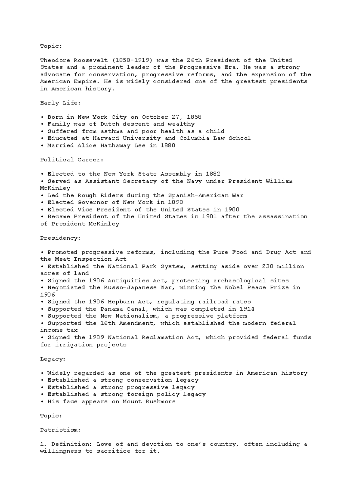 Pols Lect Notes 2 - Topic: Theodore Roosevelt (1858-1919) was the 26th ...