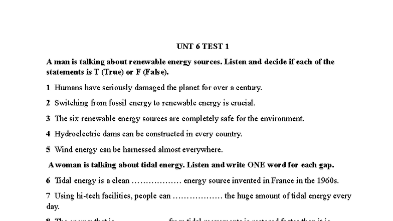 UNT 6 TEST 1 - Renewable Energy Sources Listening & Questions - Studocu