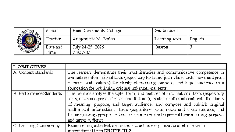 Grade 7 English Lesson: Understanding Transitional Devices (Q3) - Studocu