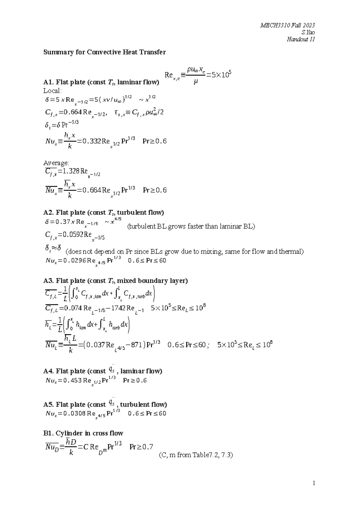MECH3310 Fall 2023: Summary of Convective Heat Transfer Concepts - Studocu