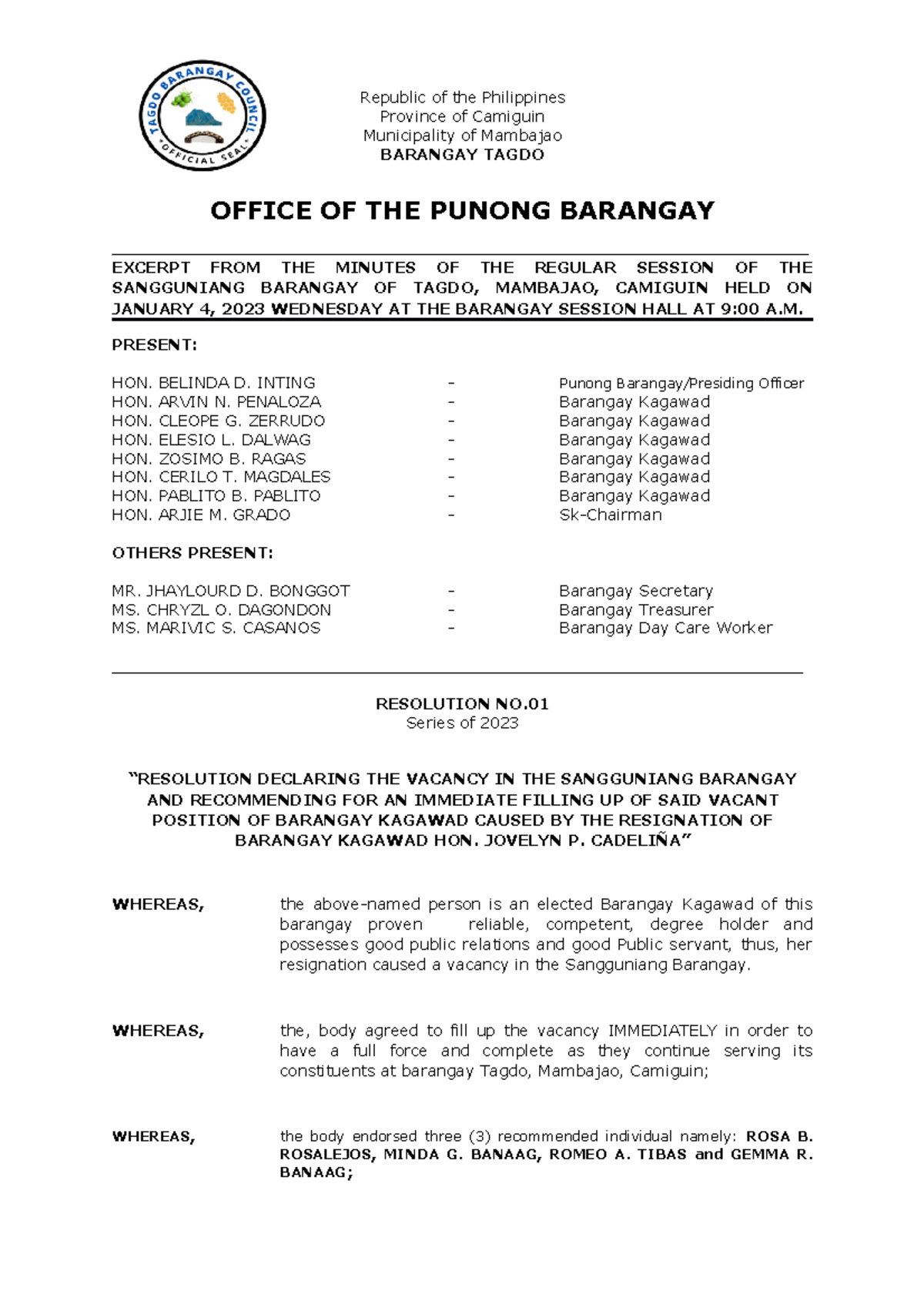 Barangay Resolution on Filling Vacancy for Kagawad Position - Studocu