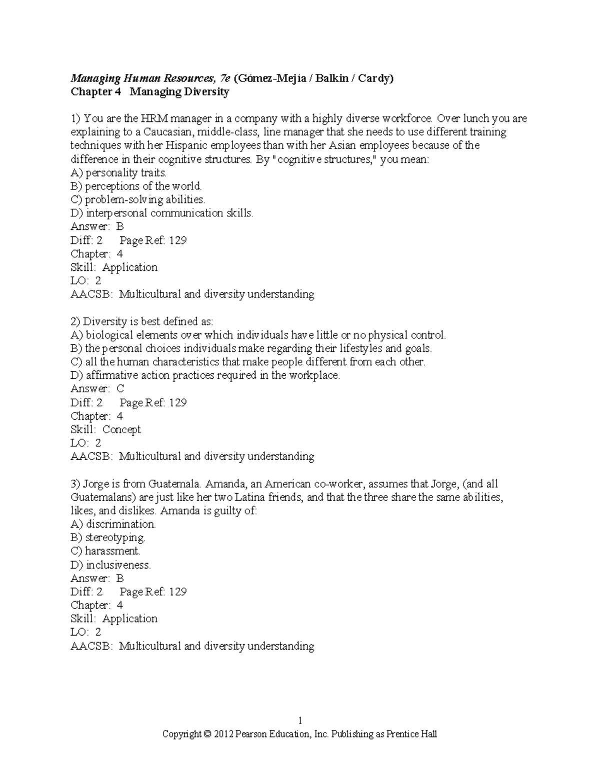 Managing Diversity: Chapter 4 Test Bank (HRM 7e) - Studocu