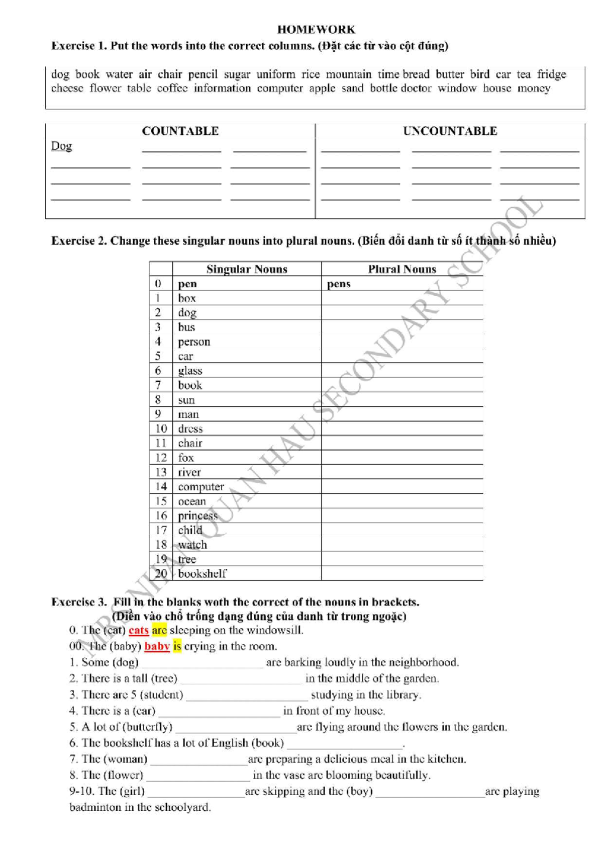 Homework 21: Exercises on Countable and Uncountable Nouns - Studocu