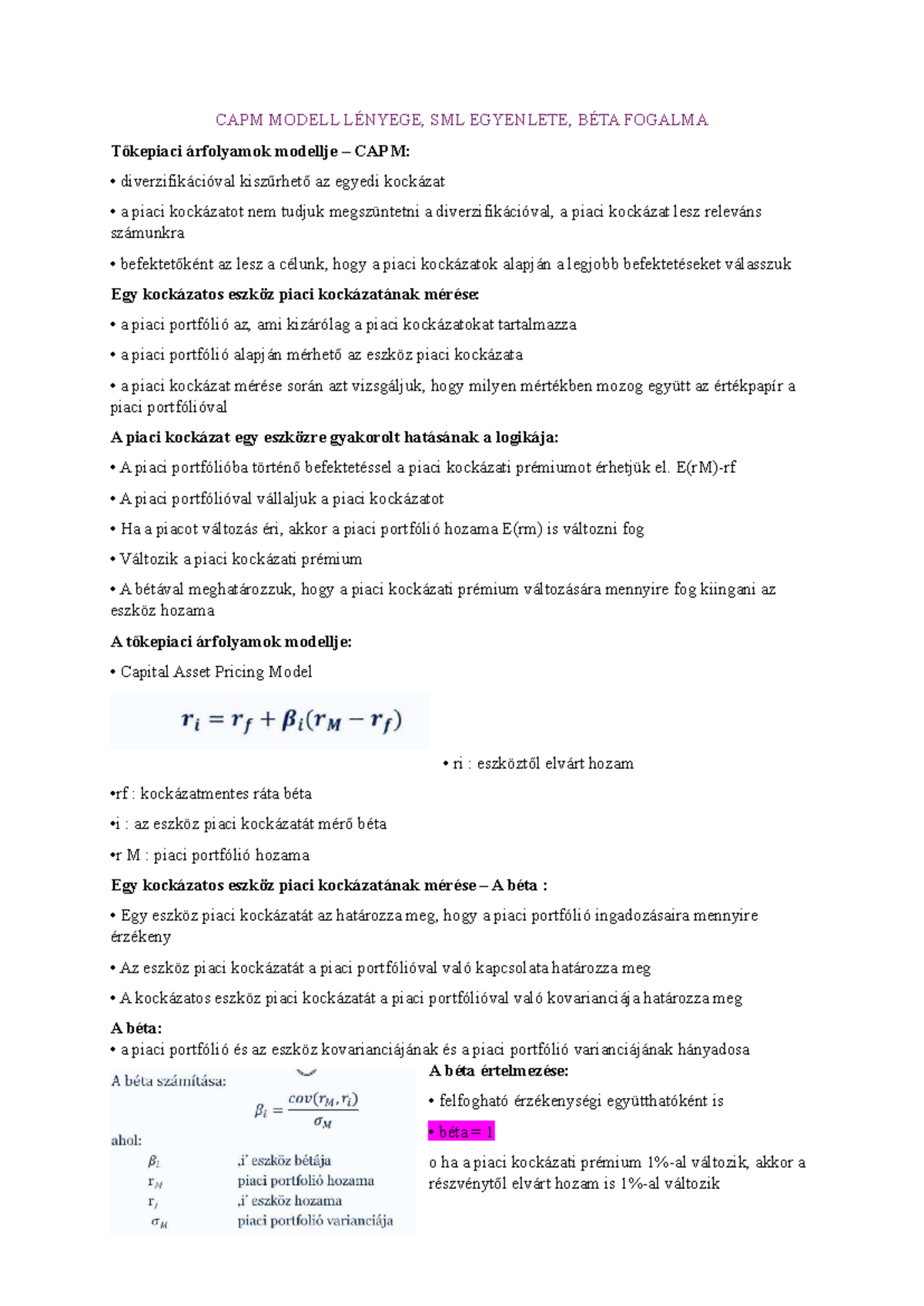 Váll.pü. 10 - vállalati pénzügy tétel - CAPM MODELL LÉNYEGE, SML EGYENLETE, BÉTA FOGALMA ...