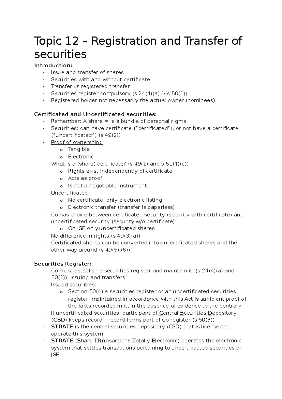 Topic 12 - Securities Registration & Transfer Explained - Studocu