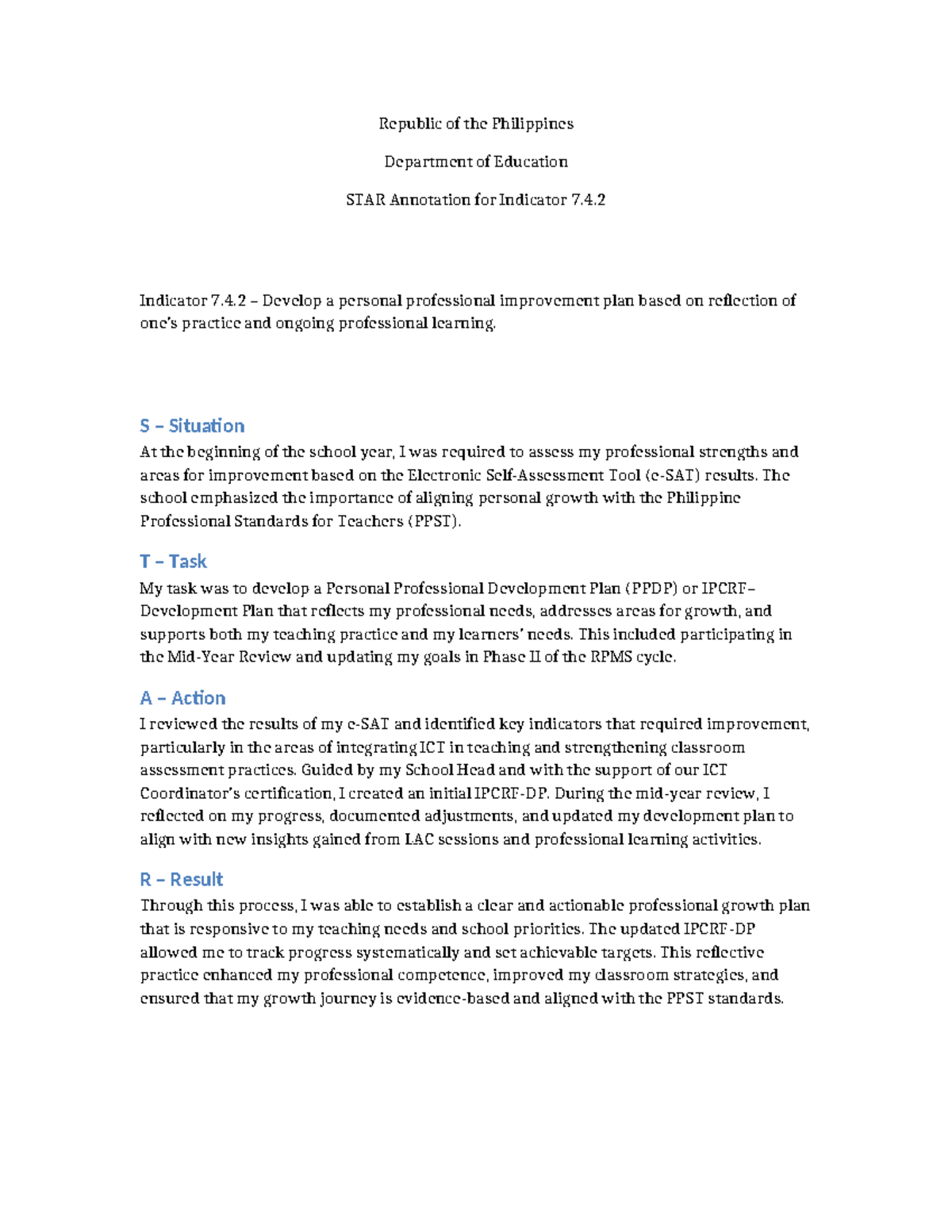 STAR Annotation for Indicator 7.4.2: Personal Professional Development ...