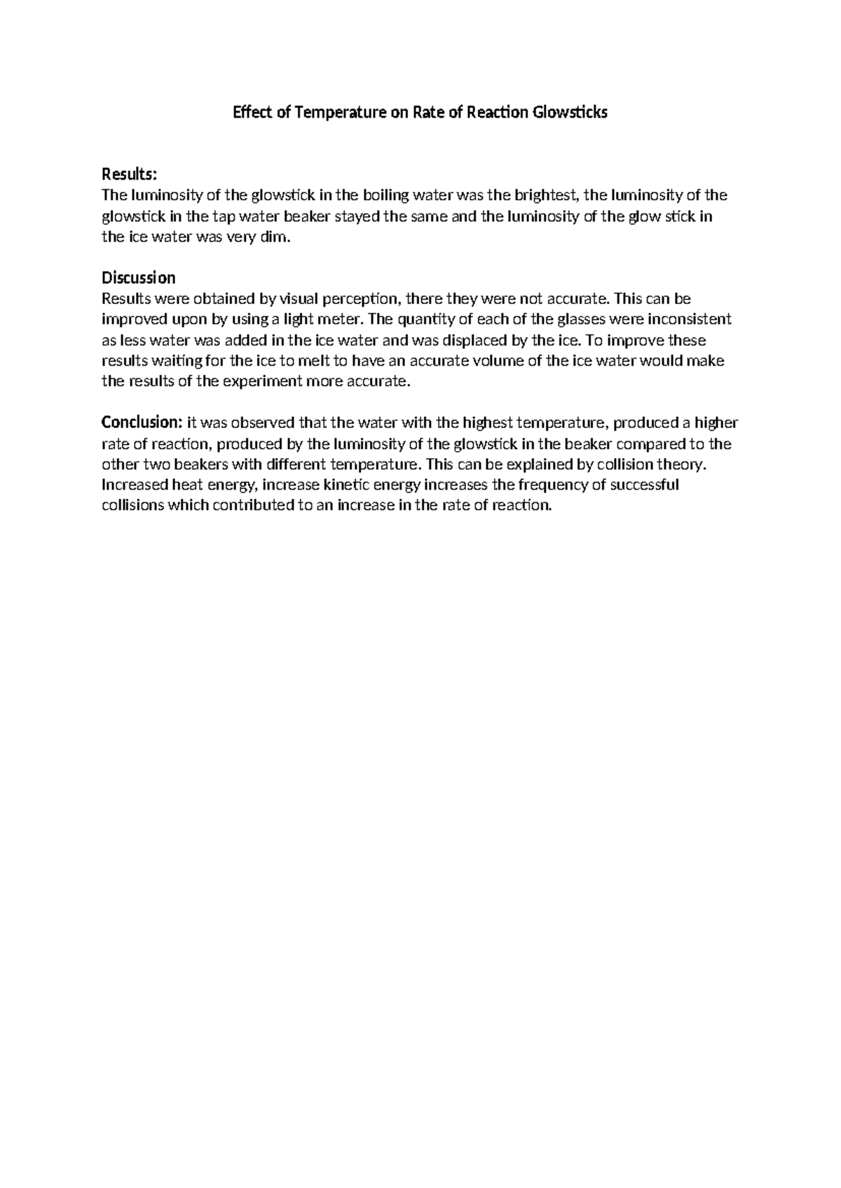 Temperature Effects on Glowstick Luminosity: A Reaction Study - Studocu