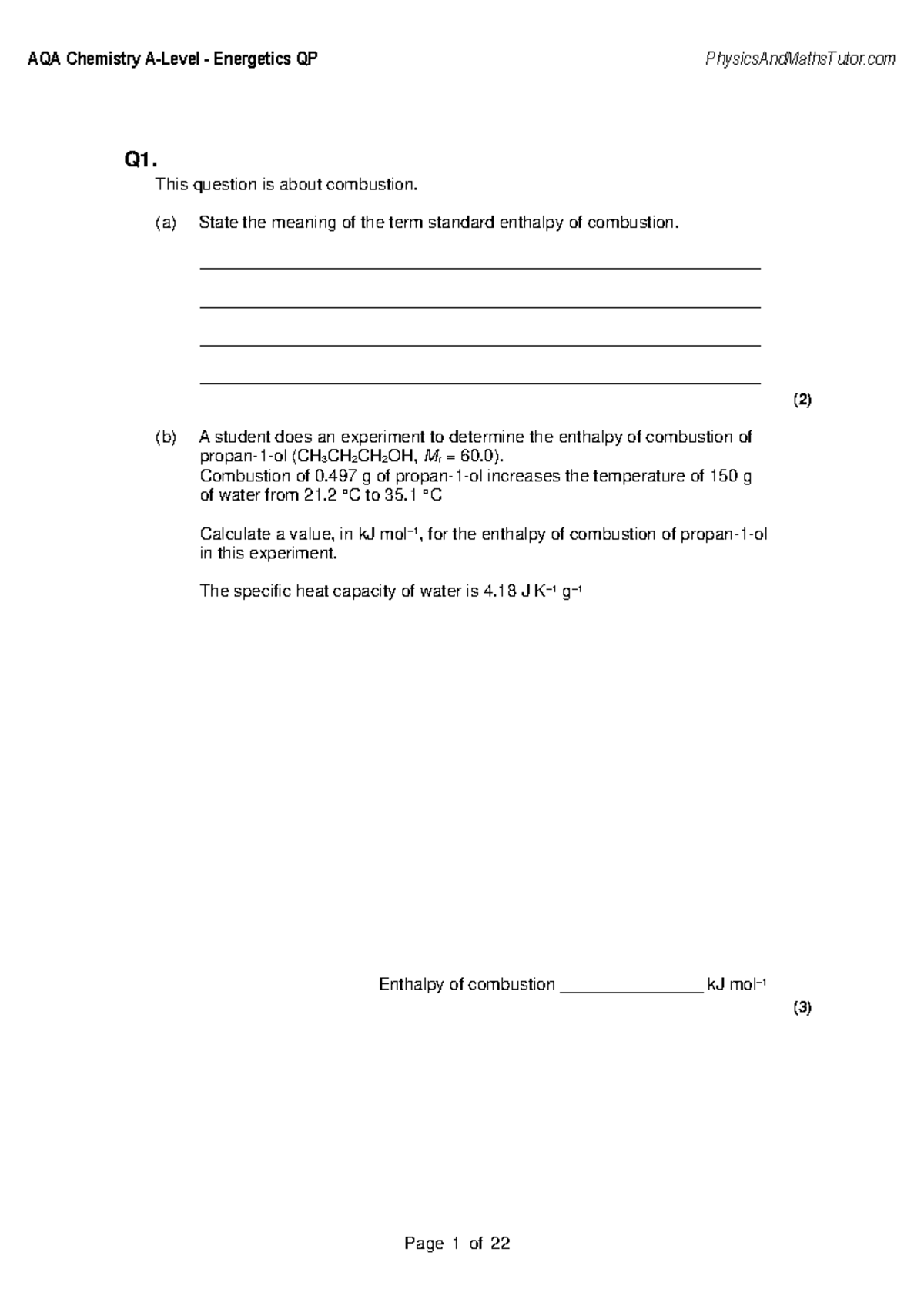 Energetics QP - AQA Chemistry Enthalpy Changes and Combustion - Studocu
