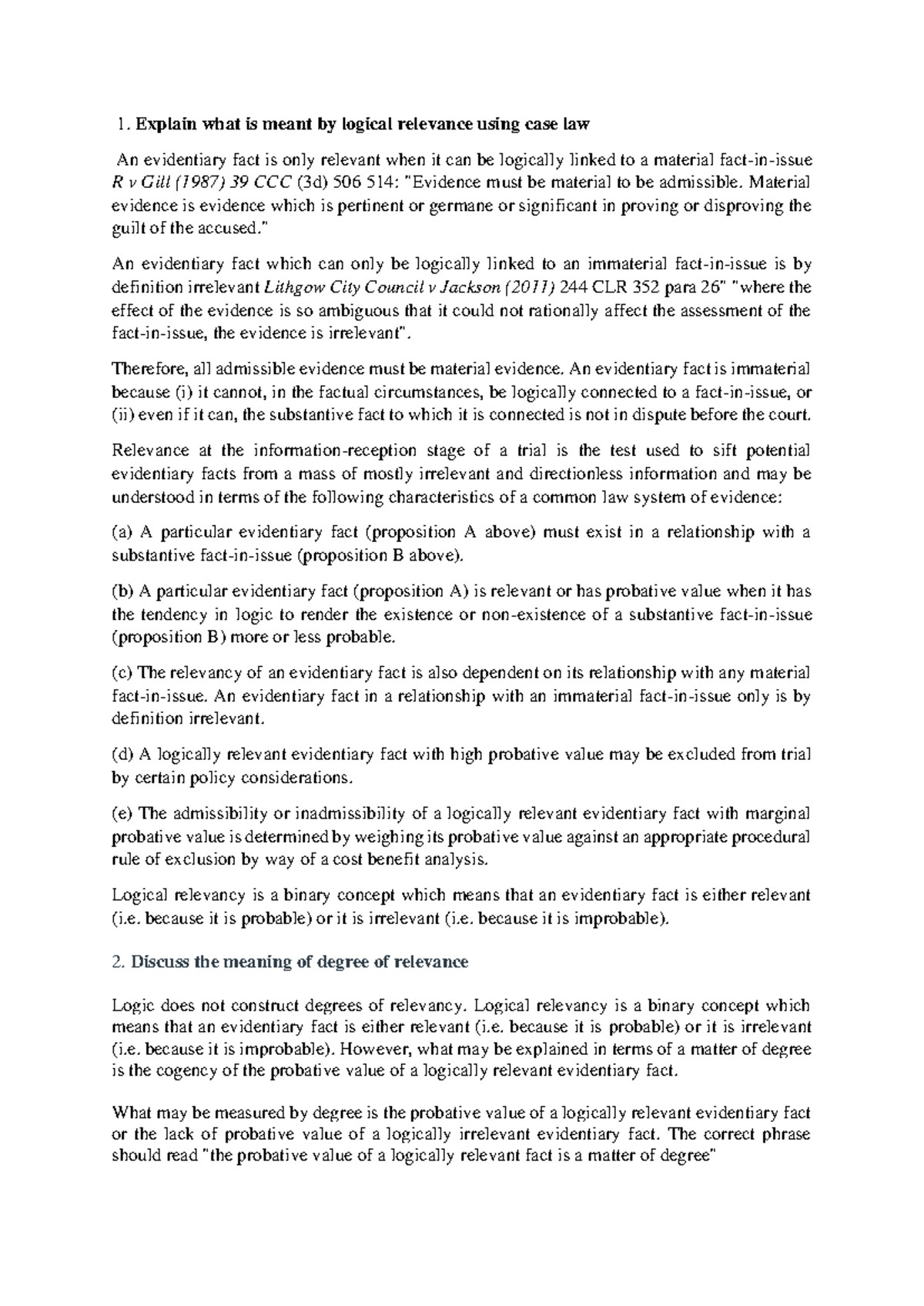Admissibility of Evidence: Understanding Logical Relevance in Law - Studocu