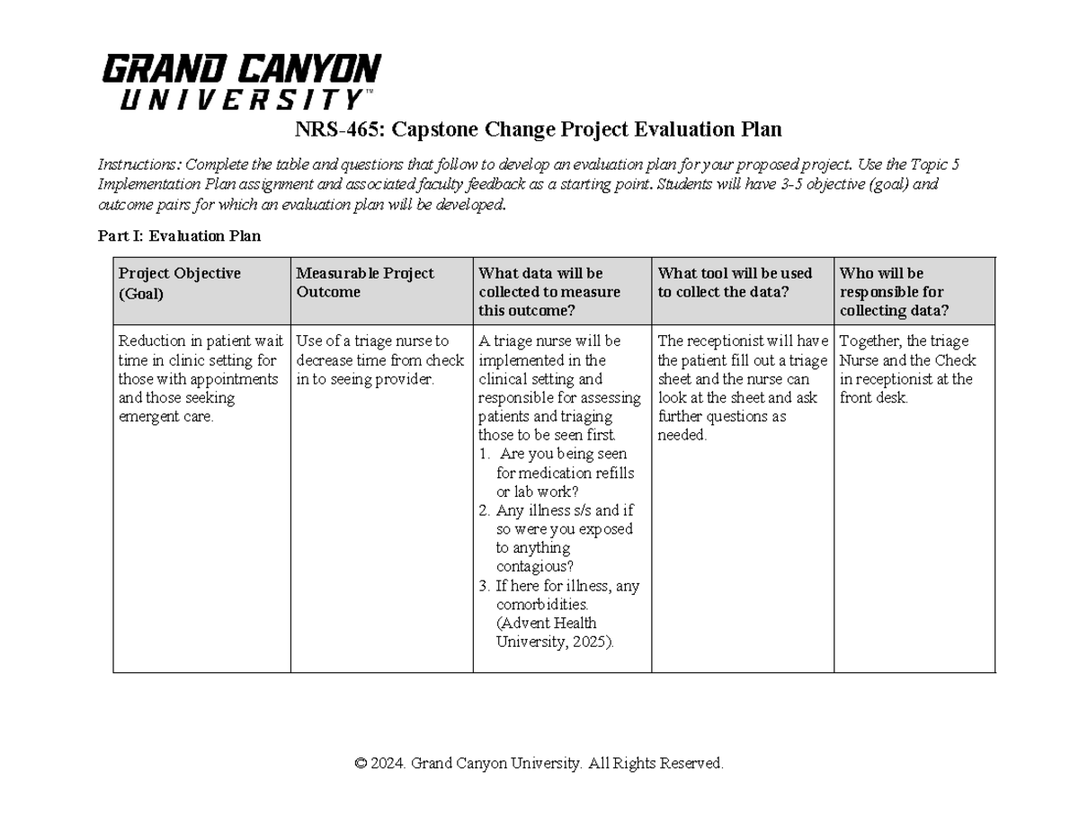 NRS-465-T7-RS-Capstone Change Project Evaluation Plan - Studocu