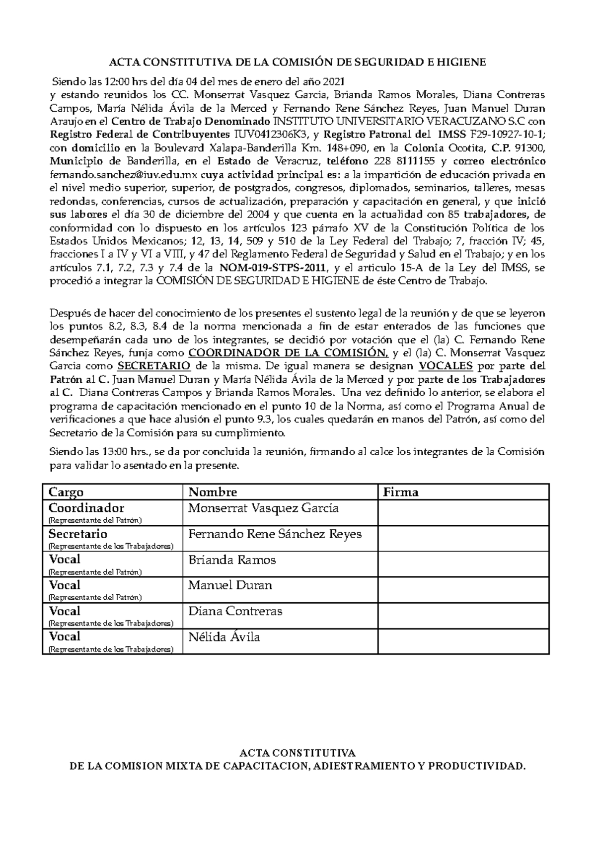 formato de Acta constitutiva seguridad e higiene - ACTA CONSTITUTIVA DE LA COMISIÓN DE SEGURIDAD ...