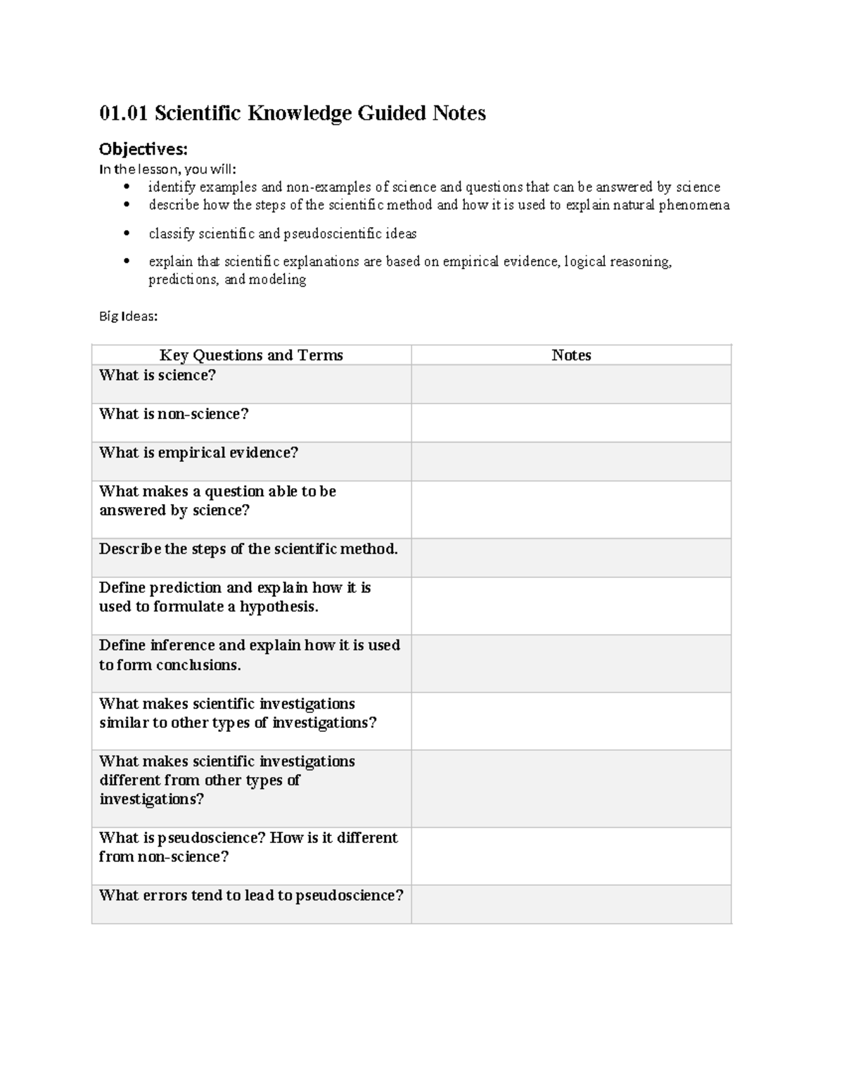 01 Scientific Knowledge Guided Notes: Understanding Science & Method ...