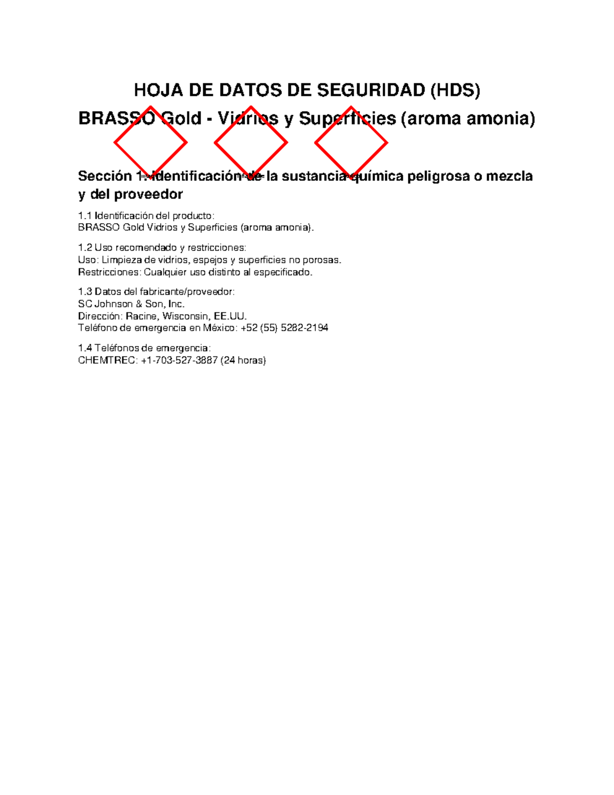 HDS BRASSO Gold: Seguridad y Manejo de Productos Químicos - Studocu