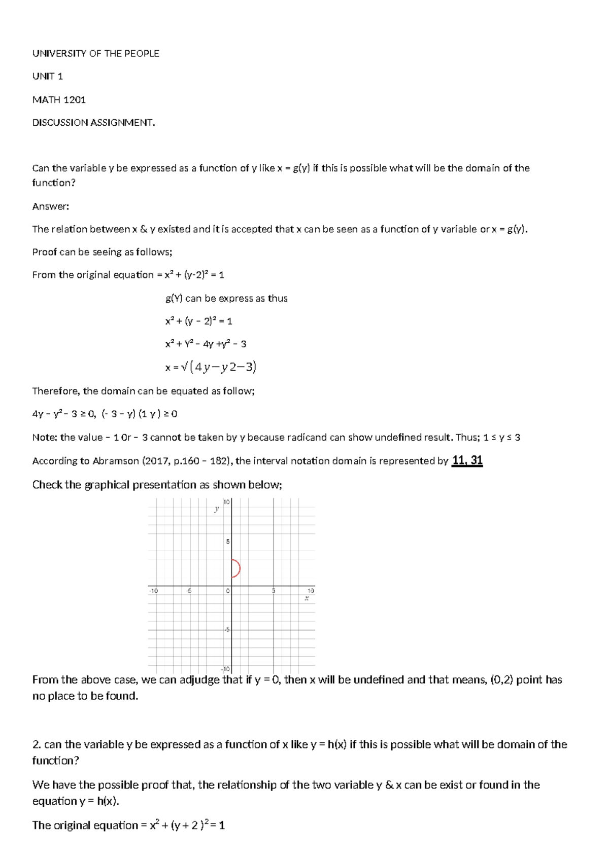 Math1201 unt1 discussion - UNIVERSITY OF THE PEOPLE UNIT 1 MATH 1201 ...