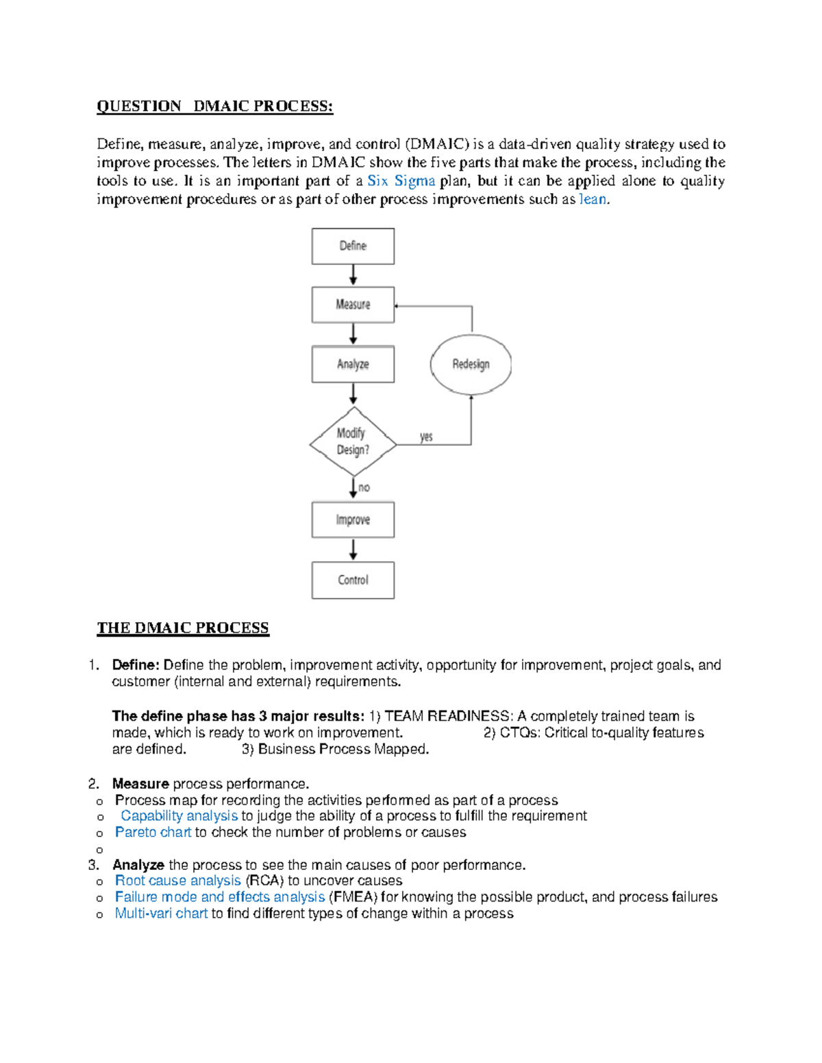 DMAIC Process PQM - QUESTION DMAIC PROCESS: Define, measure, analyze ...