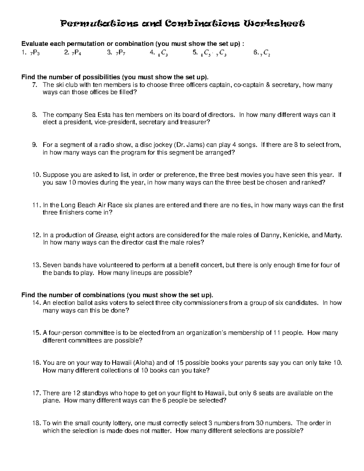 Permutations and Combinations Worksheet for Test Review (MATH 101 ...