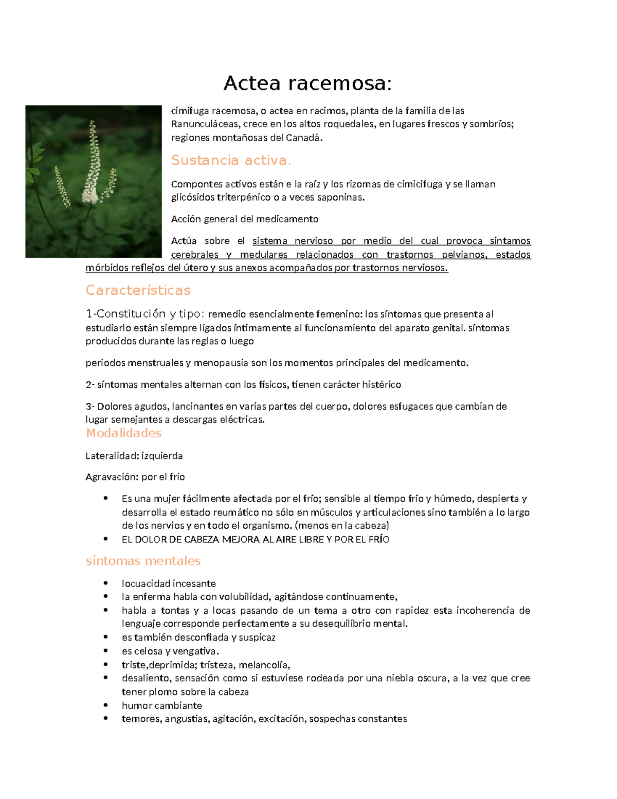 Resumen del Medicamento Actea racemosa: Efectos y Propiedades - Studocu