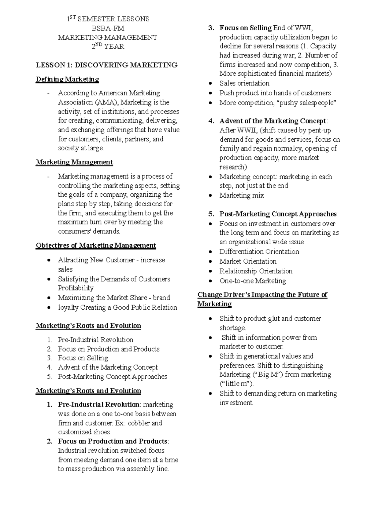 BSBA-FM 2ND YEAR Marketing Management 1ST Semester Lesson Notes - Studocu