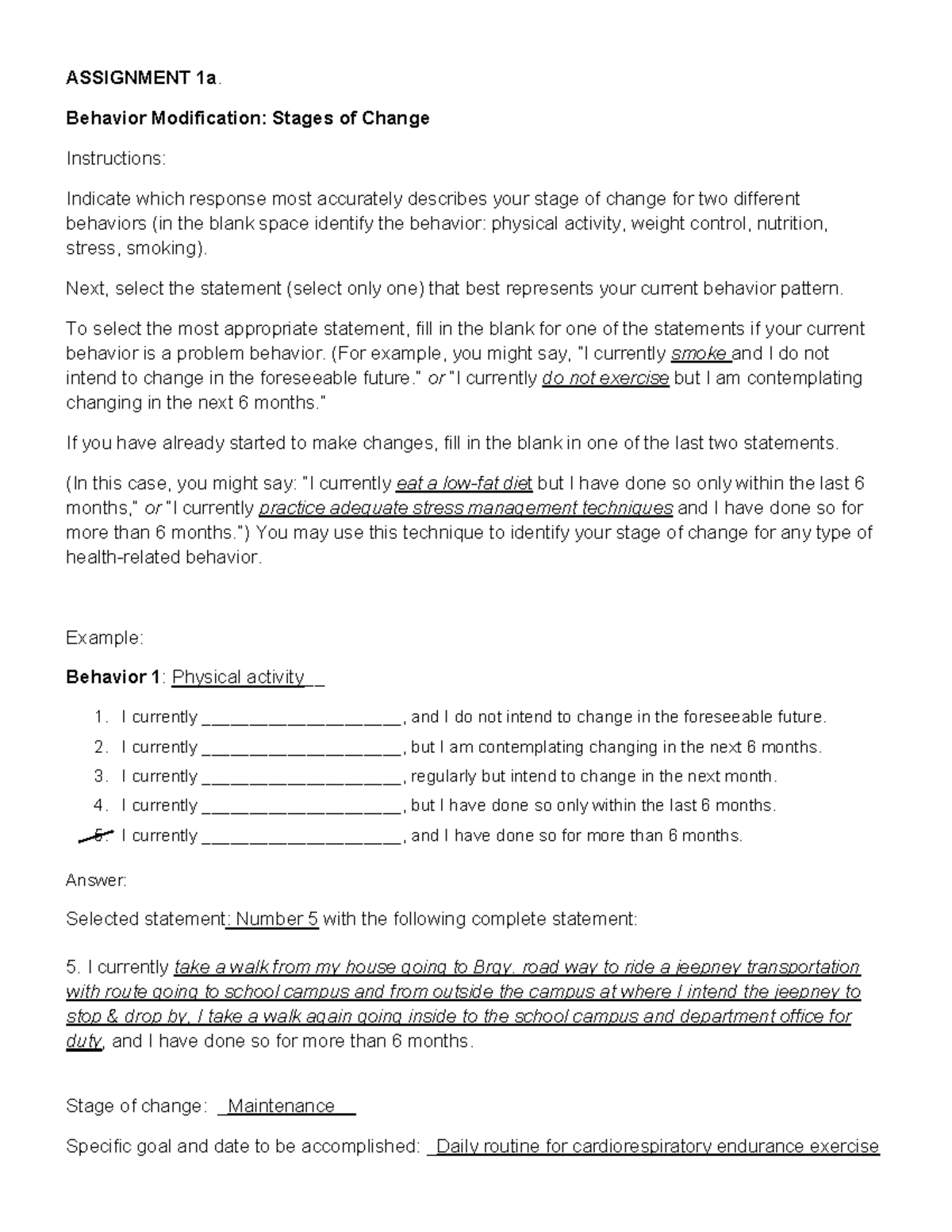 PE11 Assignment 1a & 1b: Behavior Modification & SMART Goals - Studocu