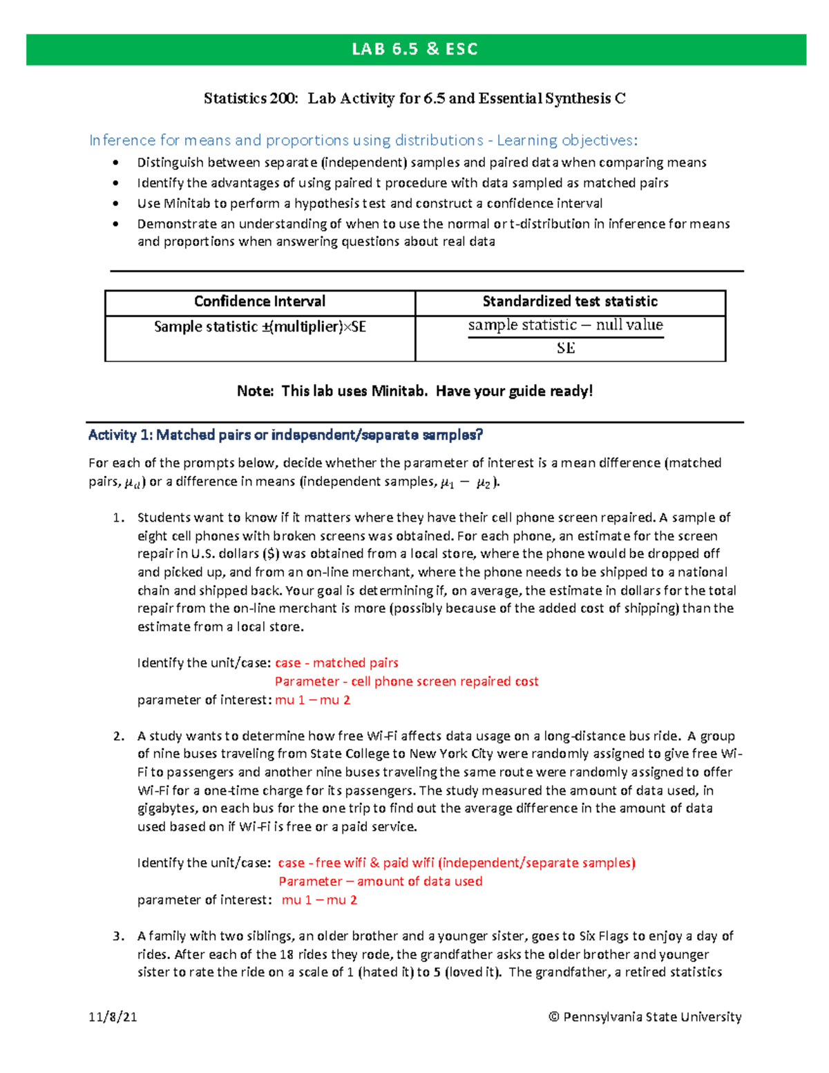 Section 6.5 stat lab - Statistics 200: Lab Activity for 6 and Essential Synthesis C Inference ...