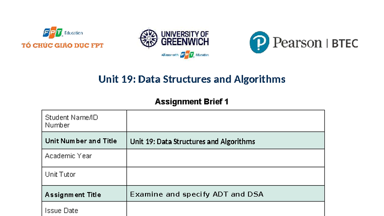 Unit 19: Data Structures & Algorithms Assignment Brief 1 - Studocu