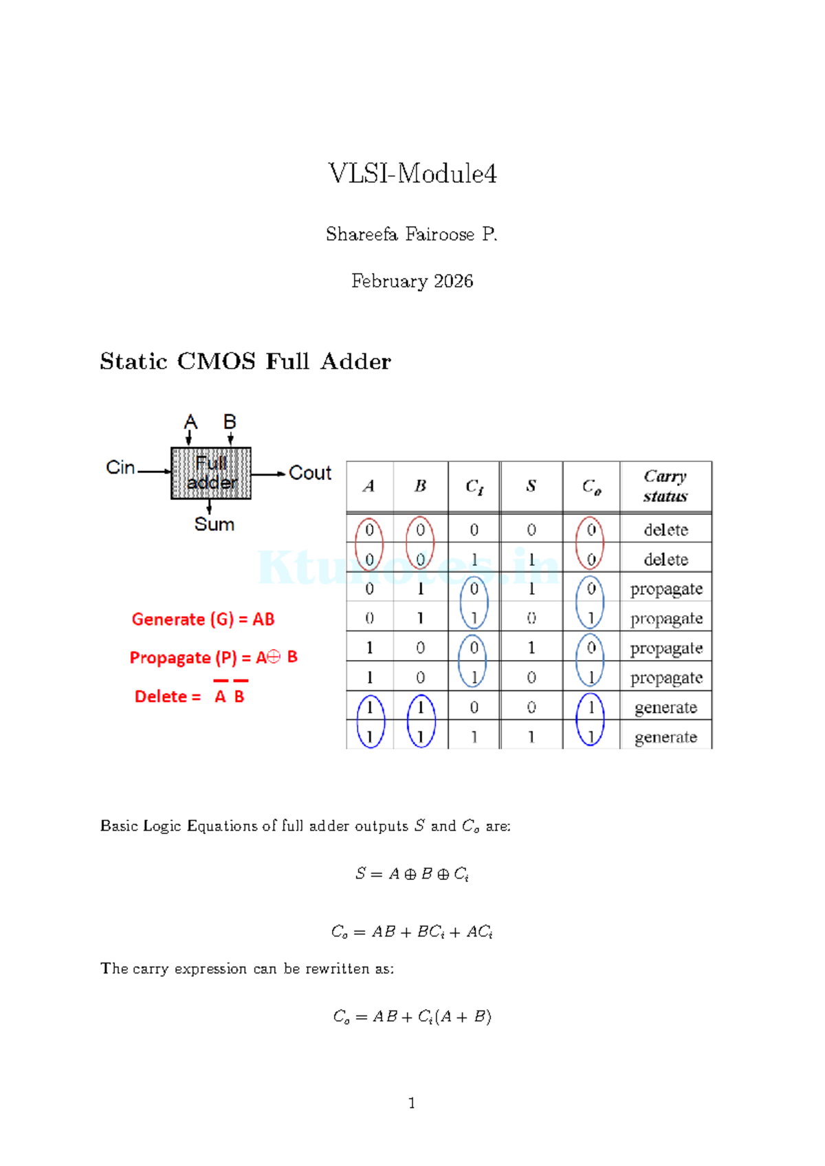 VLSI Module 4: Static CMOS Full Adder and Carry Optimization Techniques ...