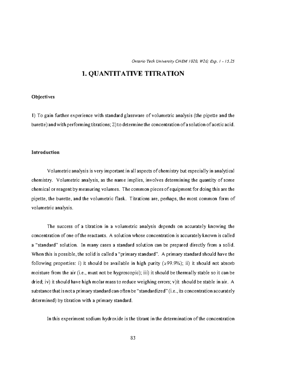 Ontario Tech University CHEM 1020, Exp. 1: Quantitative Titration of ...