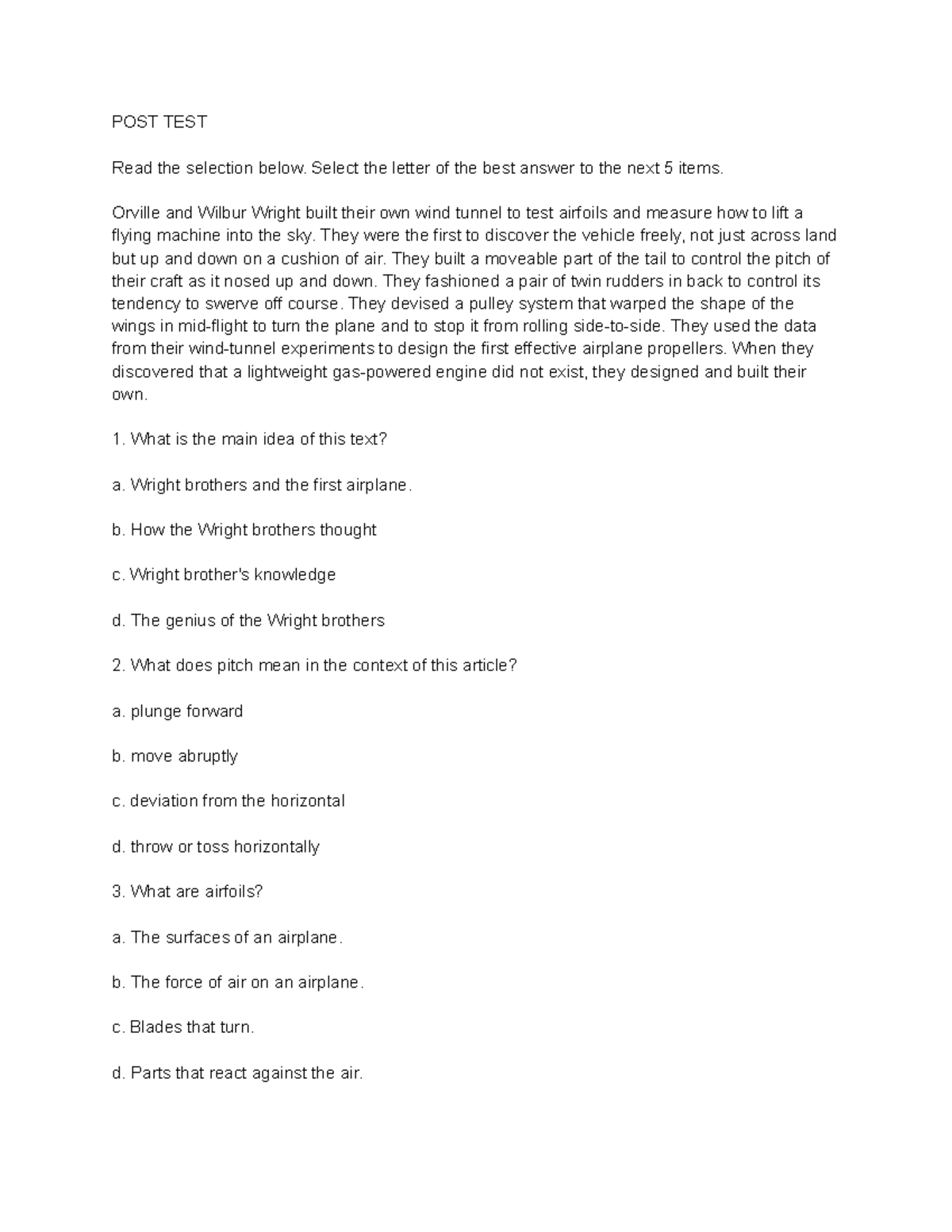 Reading materials - for reference - POST TEST Read the selection below ...