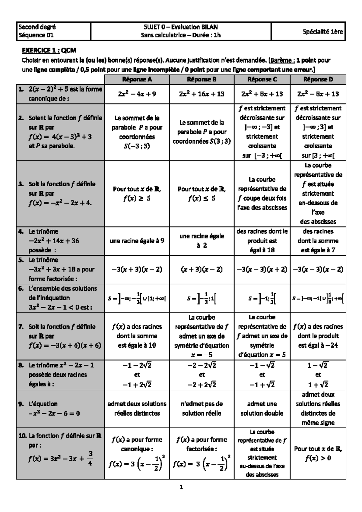 Sujet 0 math - Second degré SUJET 0 Evaluation BILAN Séquence 01 Sans ...