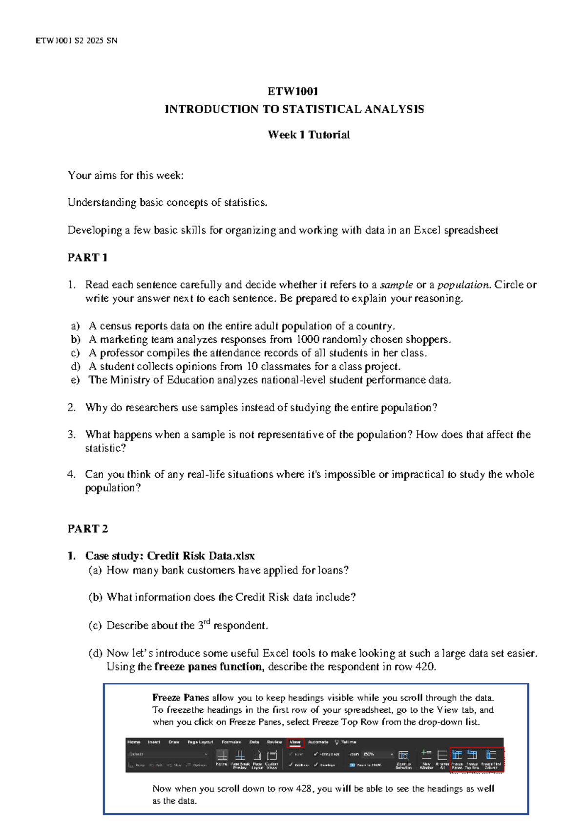 ETW1001 S2 2025 SN Week 1 Tutorial: Intro to Statistical Analysis - Studocu