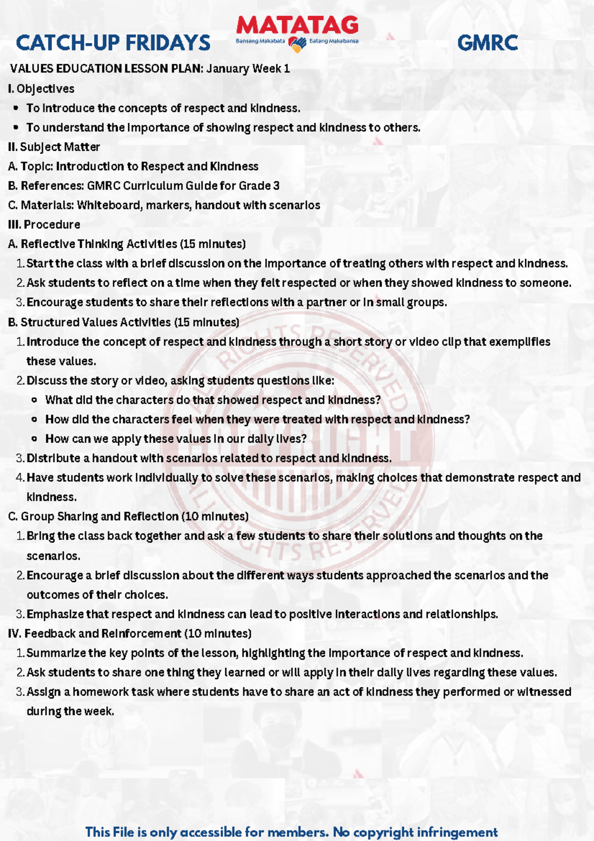 FRIDAYS GMRC VALUES EDUCATION LESSON PLAN: Grade 3 Overview - Studocu