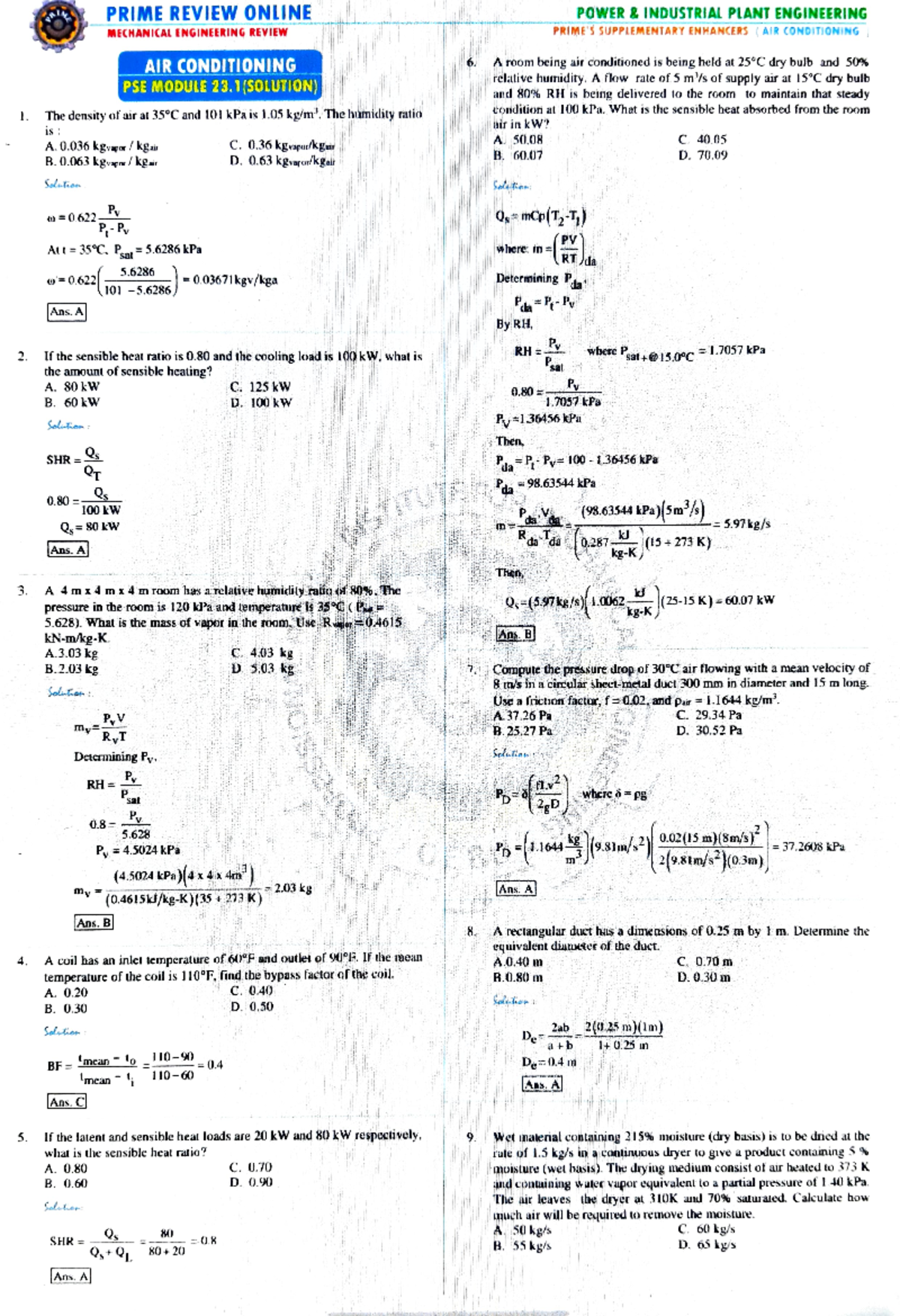 Mechanical Engineering Review: Air Conditioning Solutions (Module 23) - Studocu