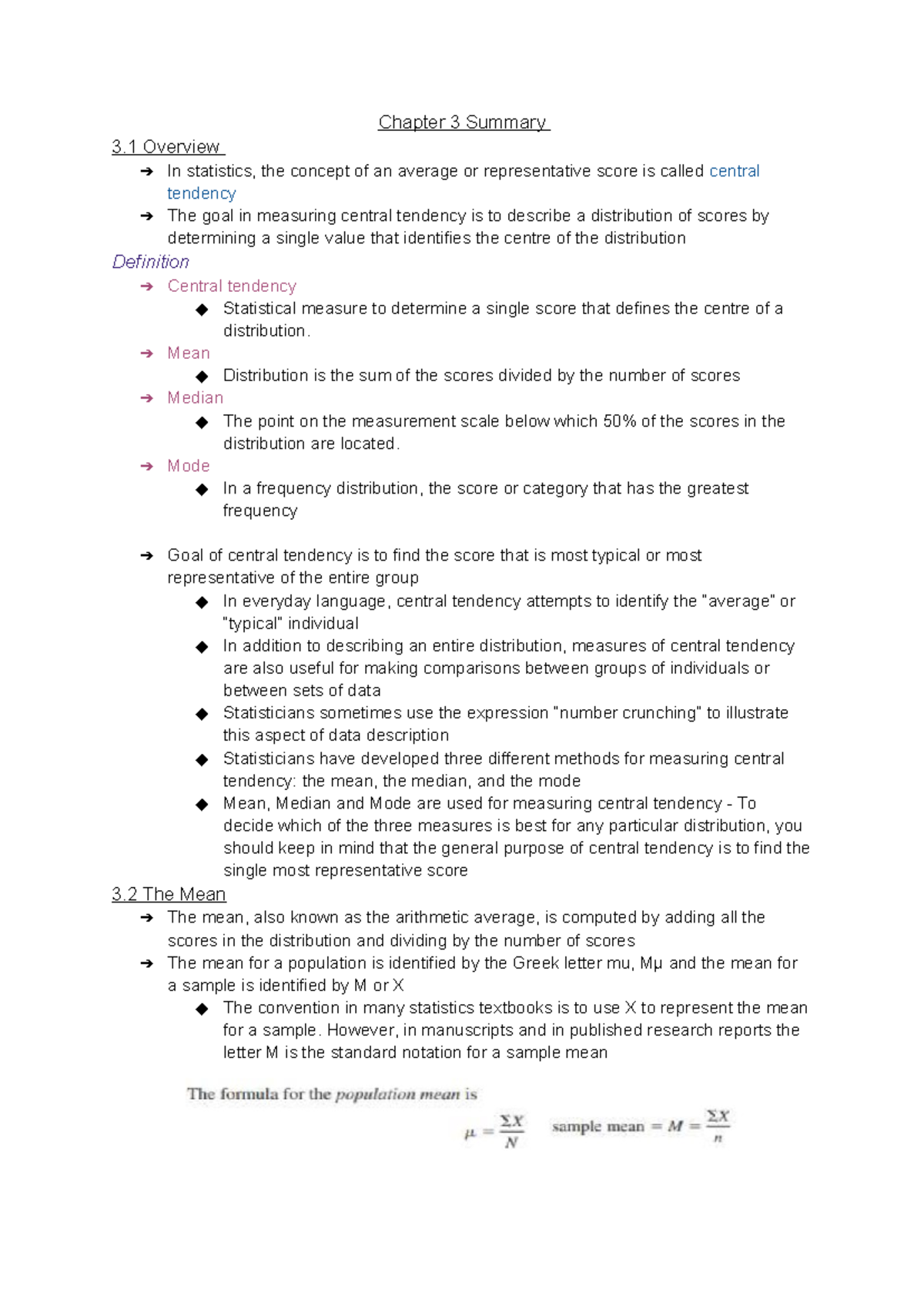 Ch3 - Central Tendency - Science - Chapter 3 Summary 3 Overview In ...