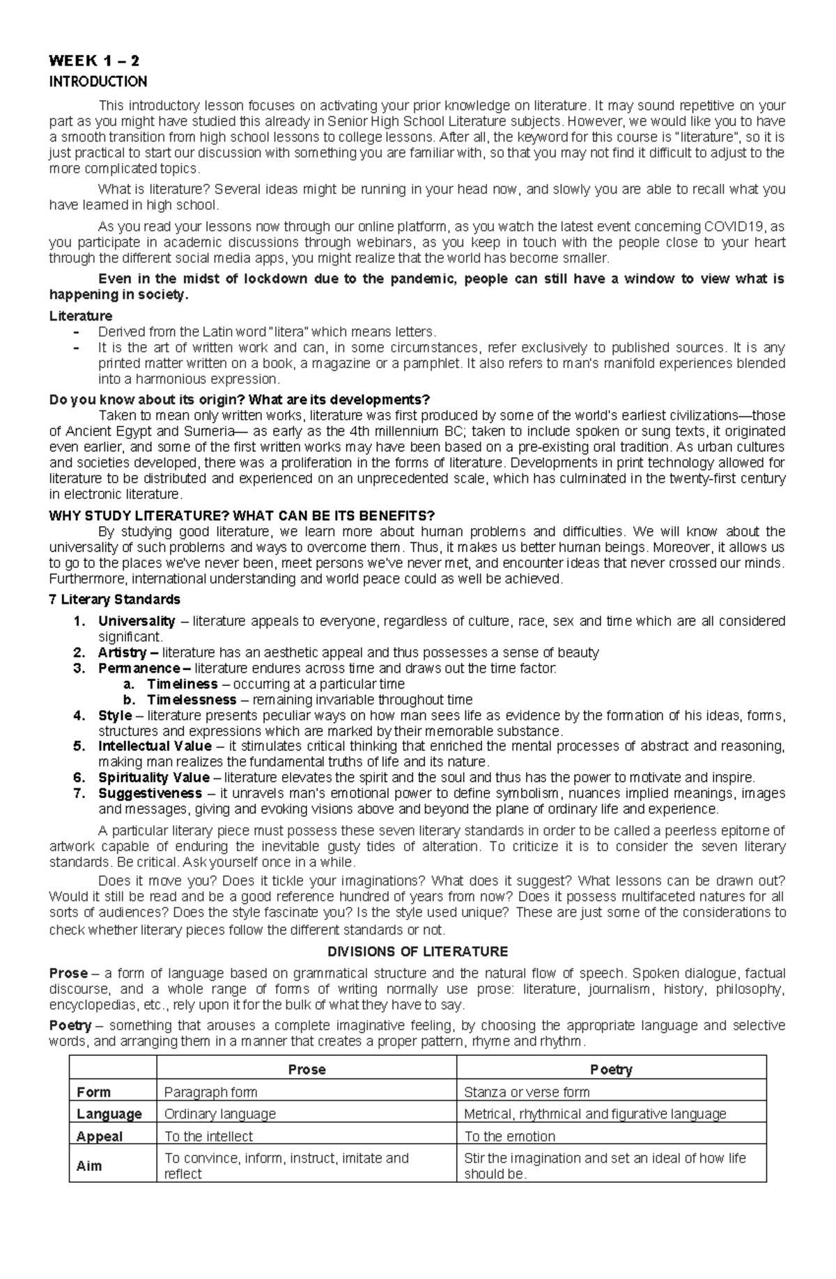 SCLIT 101: Prelims Week 1-2 Overview on Literature and Its Importance ...